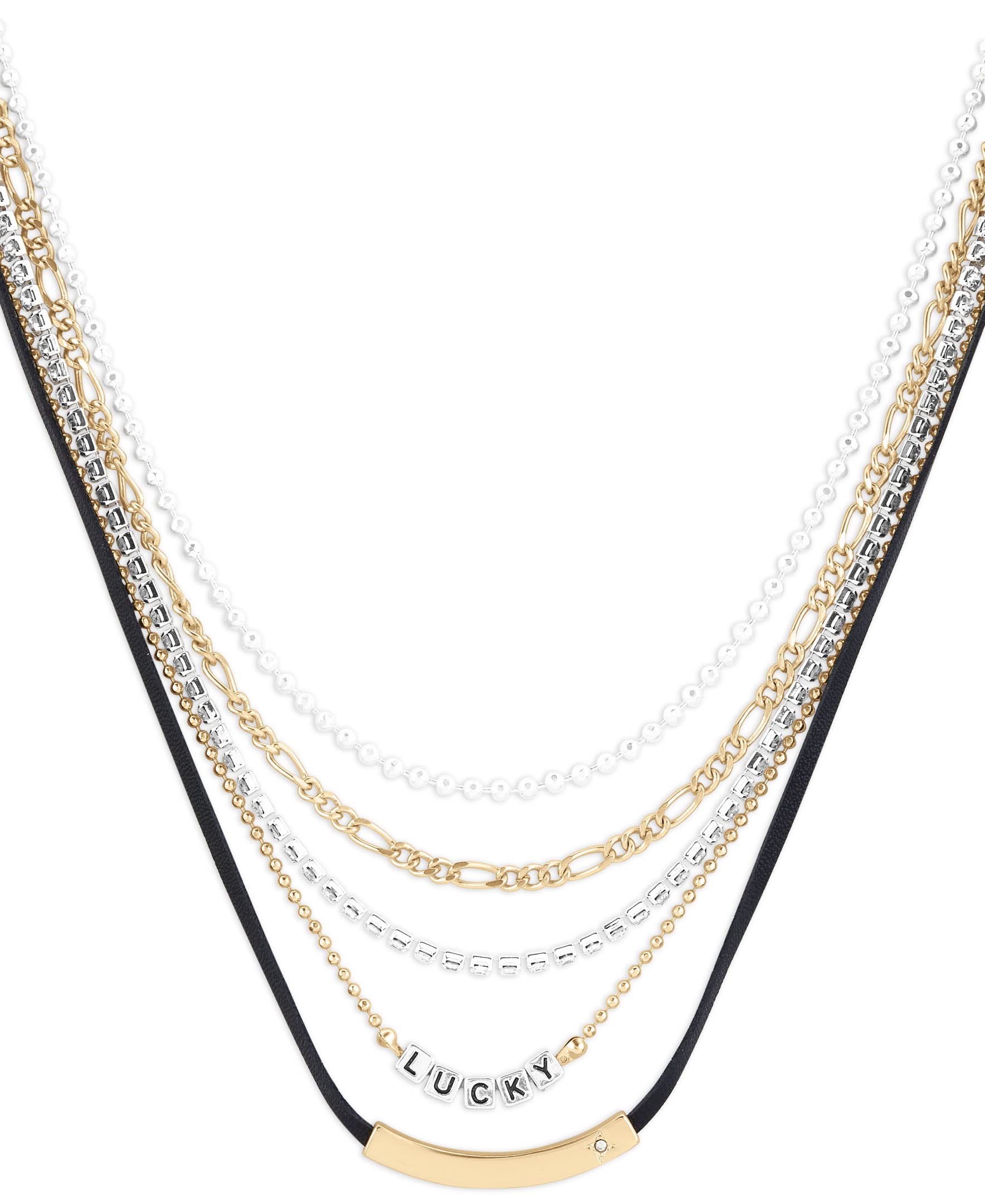Lucky Brand Leather and Chain Layer Necklace,Two Tone,One Size