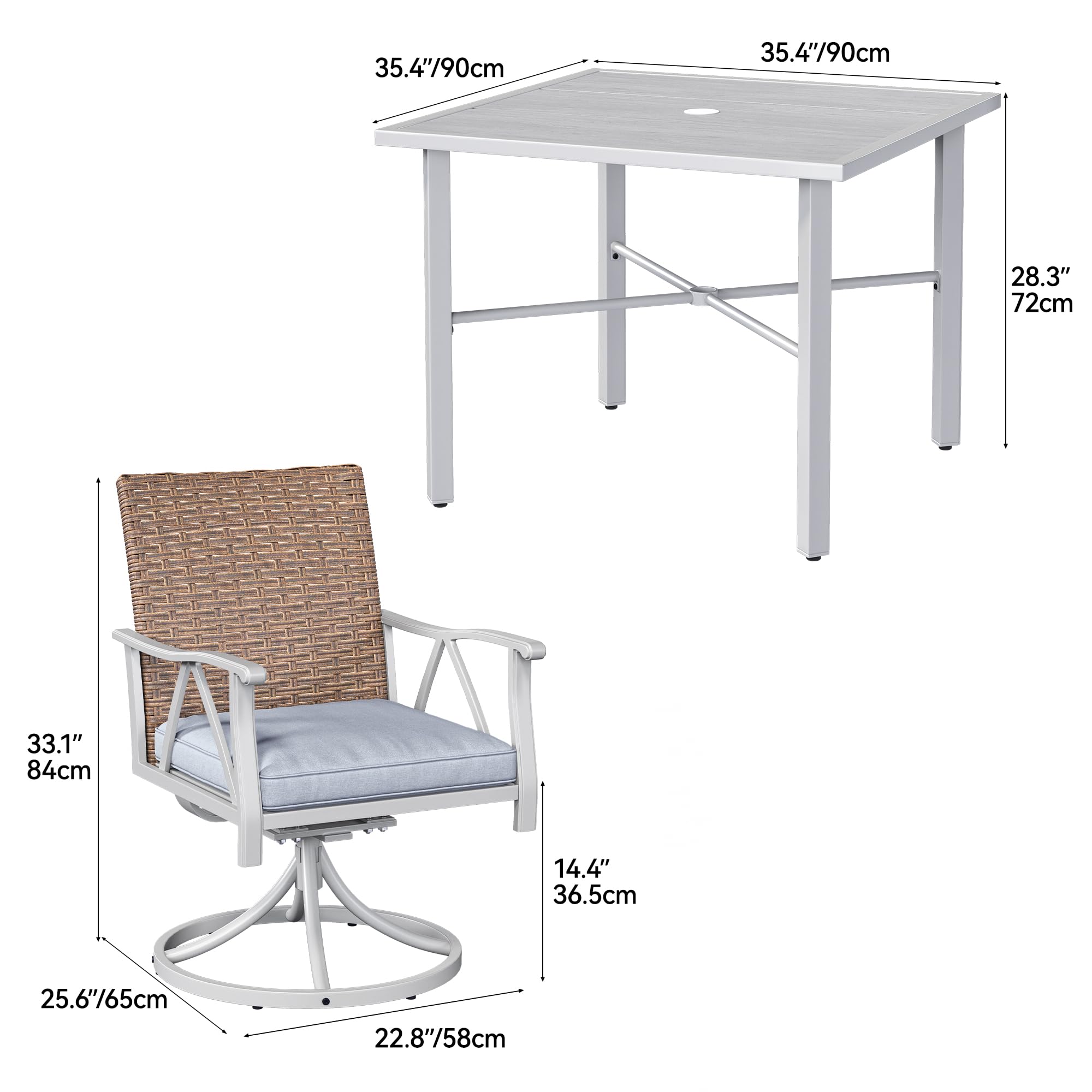 YITAHOME 5-Piece Patio Dining Set, Outdoor Wicker Conversation Furniture w/4 Swivel Dining Chairs and 2" Umbrella Hole Imitation Wood Grain Dining Table for Backyard, Balcony and Garden