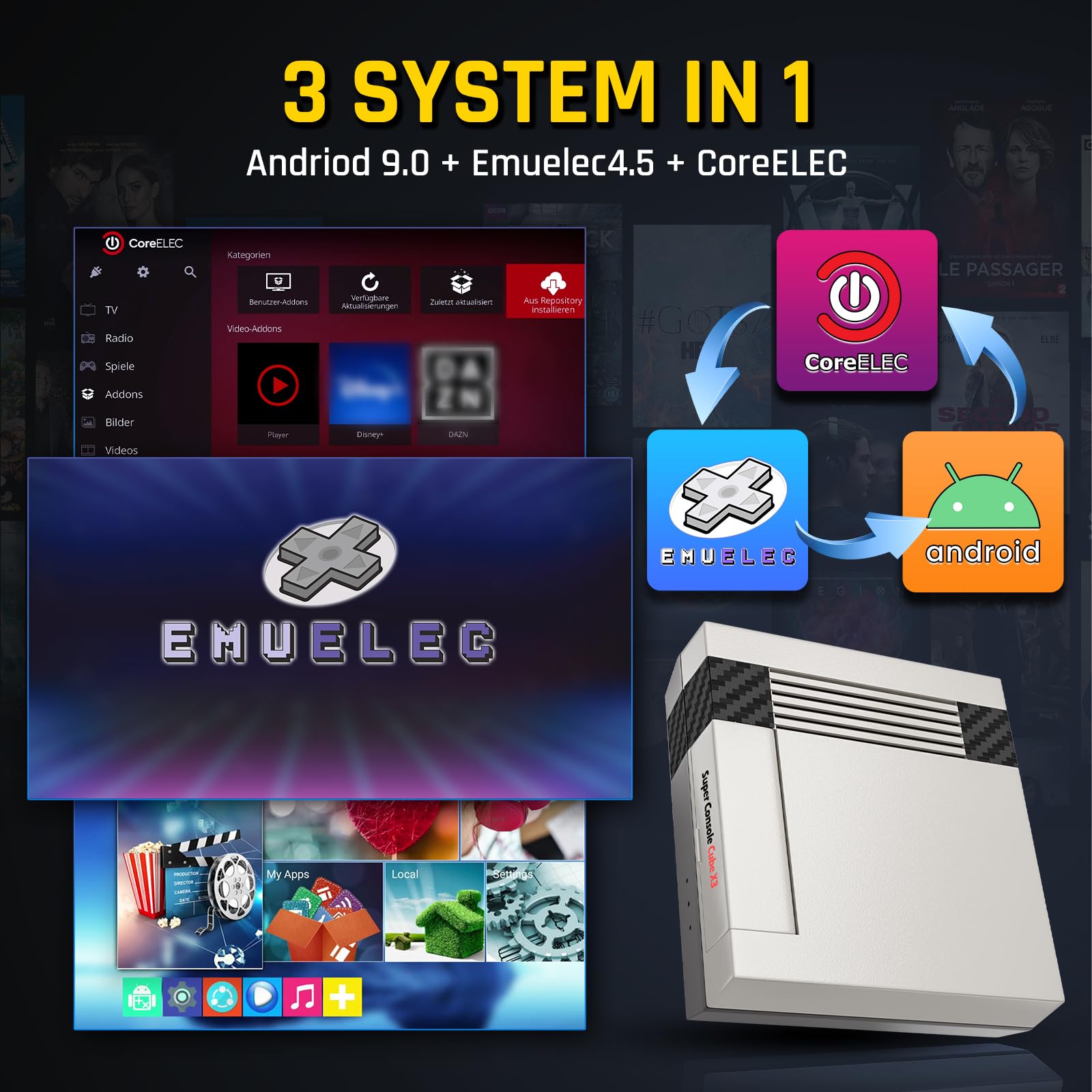 Kinhank 100,000+ Games Super Console Cube X3 Classic Game Consoles,S905X3 Chip,3 Systems in 1, 4K TV HD/AV Output,5 USB Port, Dual Wireless Controllers,Gift for Friends