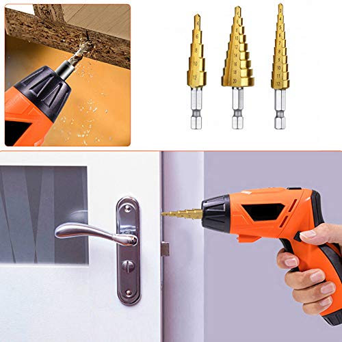 NACHEE 3Pcs Metric Titanium Coated Step Drill Bit Set, HSS Cone Drill Bit with 1/4" Hex Shank Drive Quick Change(3-12 mm 4-12 mm 4-20 mm)for DIY Woodworking, Plastic Wood