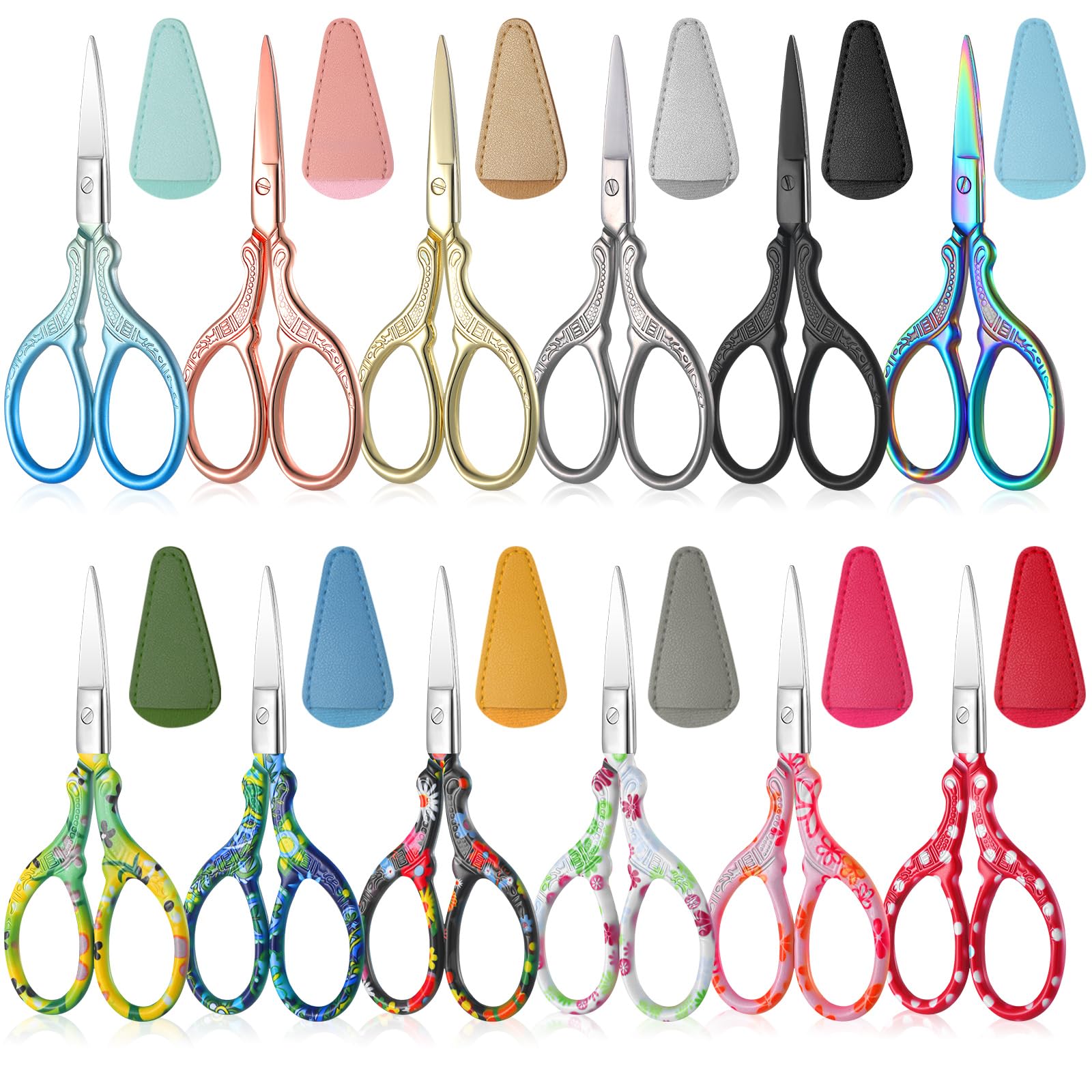 Therwen 12 Pcs 3.6 Inch Embroidery Scissors with Artificial Leather Cover Sewing Scissors Stainless Steel Vintage Craft Scissors for Crafting Threading DIY Needlework Art Manual Handicraft (Stylish)