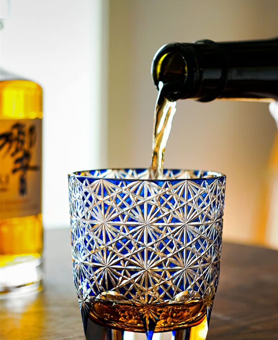 JEMQ Edo Kiriko Color Hand Cut Crystal Glass Tumbler Whisky Gass 9 Oz Glassware with Luxury Gift Box, Suitable for Cocktail Whisky Drink Red Wine Vodka (Blue)