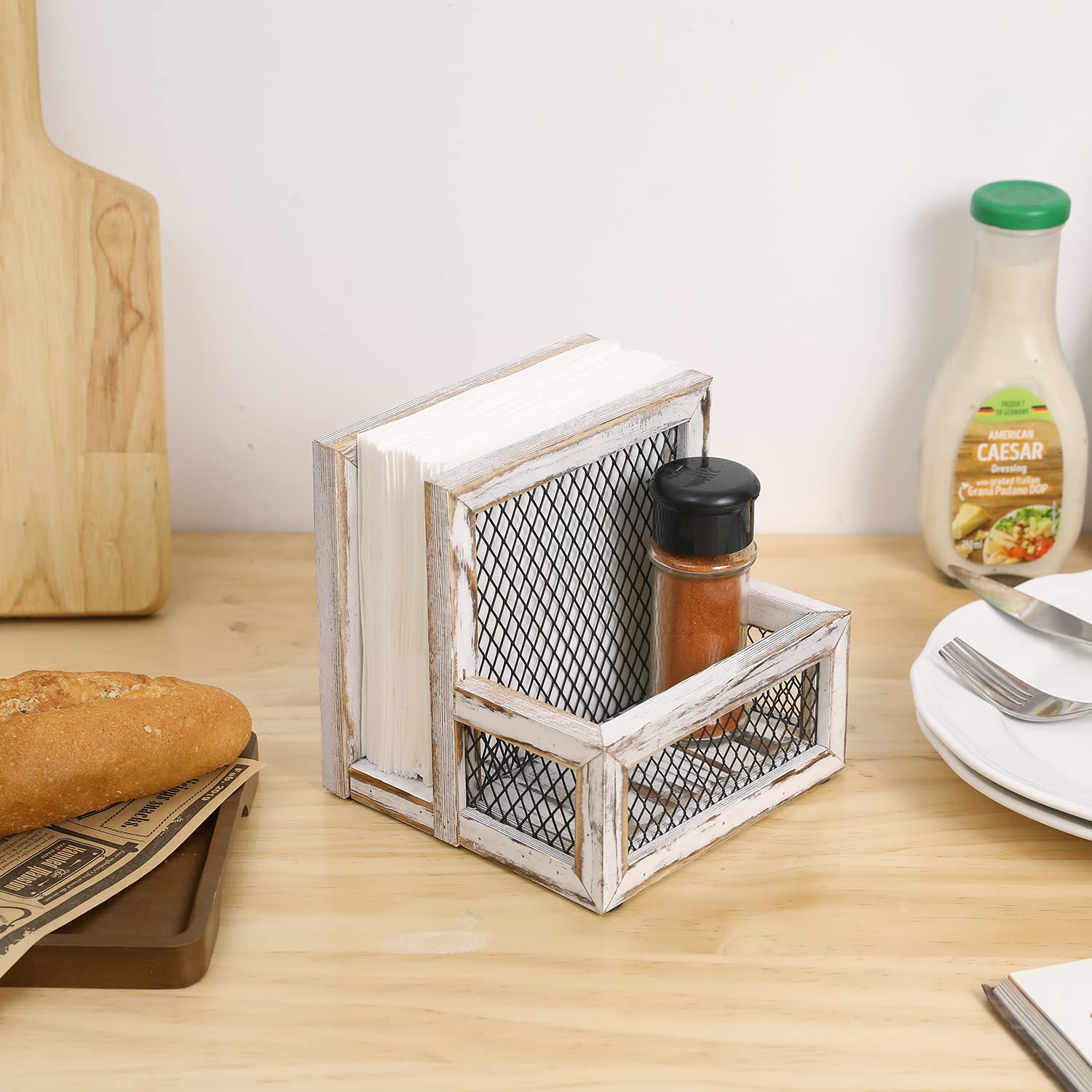 MyGift Whitewashed Solid Wood Farmhouse Napkin Holder with Salt and Pepper Shaker Caddy, Dining Table Napkin and Seasoning Condiment Holder with Metal Mesh Accent