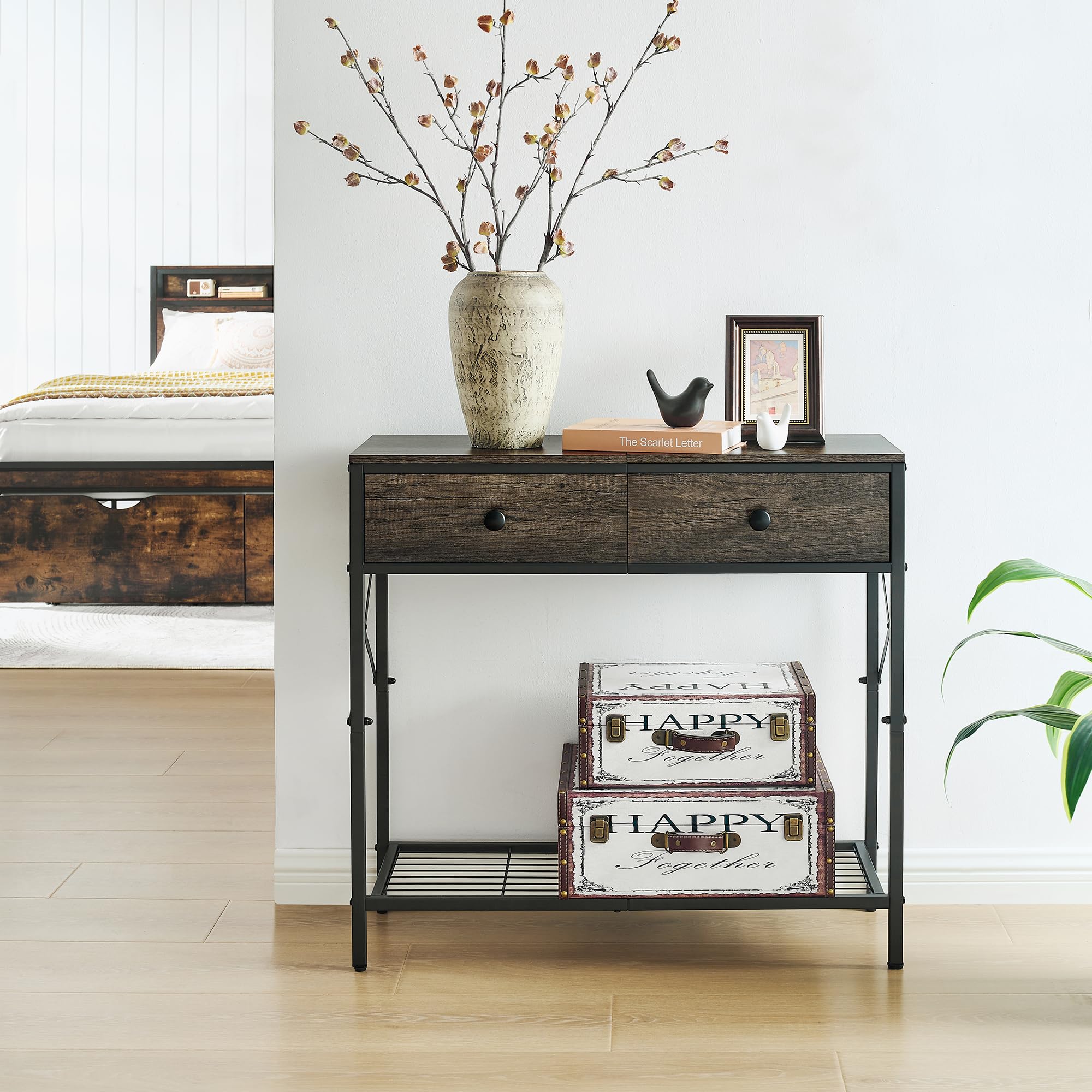 Tajsoon Console Table with 2 Fabric Drawers, 2-Tier Industrial Entryway Table with Storage Shelves, 31.5'' Narrow Sofa Table, Display Shelf for Entryway, Hallway, Living Room, Foyer, Greige
