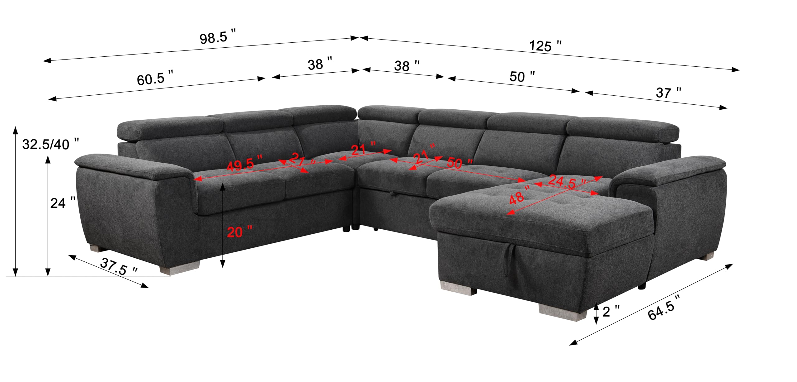 RENDGO 125" U Shaped Sectional Sofa with Pull-Out Bed, Sofa Bed with Adjustable Headrests Storage Chaise, Upholstered Oversized Sectional Sleeper Couch with Ottoman for Living Room,Dark Grey