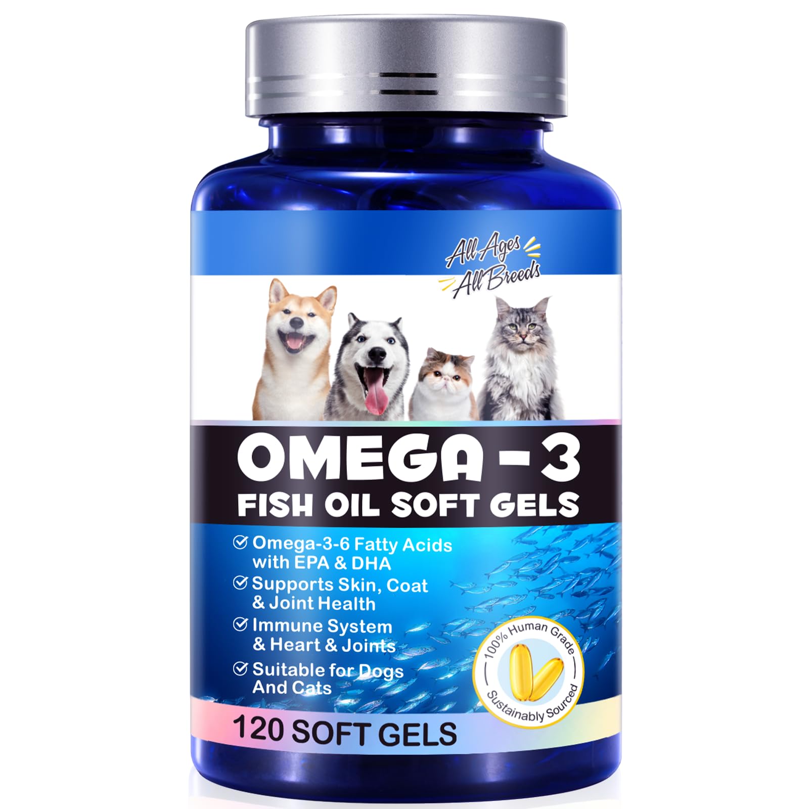 Omega 3 Fish Oil for Dogs, 100% Pure Pet Fish Oil Supplement for Dogs & Cats with DHA & EPA Fatty Acids Skin & Shiny Coat, Fish Oil for Dogs Shedding Allergy, Itch, Dry Skin, Joints -120 Capsules