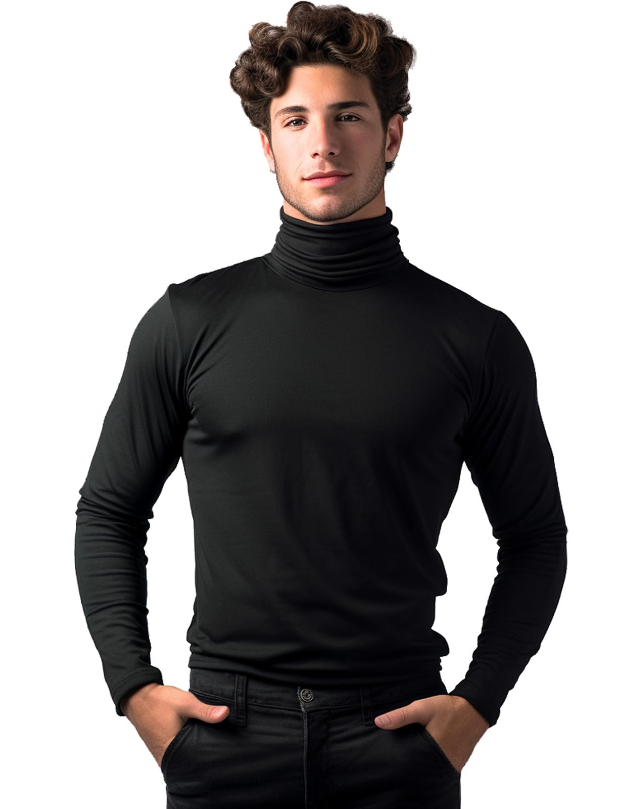 Mens Long Sleeve Turtleneck T Shirt, Men's Slim Fit Pullovers Thermal Underwear Turtle Neck Black Shirts for Men Casual Basic Pullover Top L