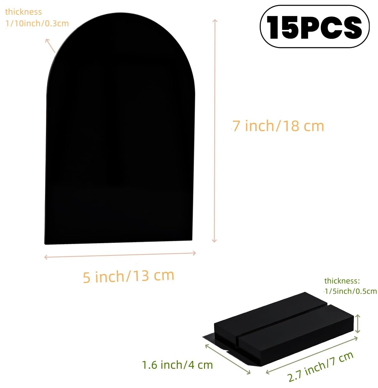 QSONG SHOP 15PCS Acrylic Table Signs with Stands- 5""x7"" Black Arched Acrylic Wedding Numbers and Base,1/8"" Thick Modern Arch Acrylic TableTop Sign for Wedding Reception Event Party (Full Black)