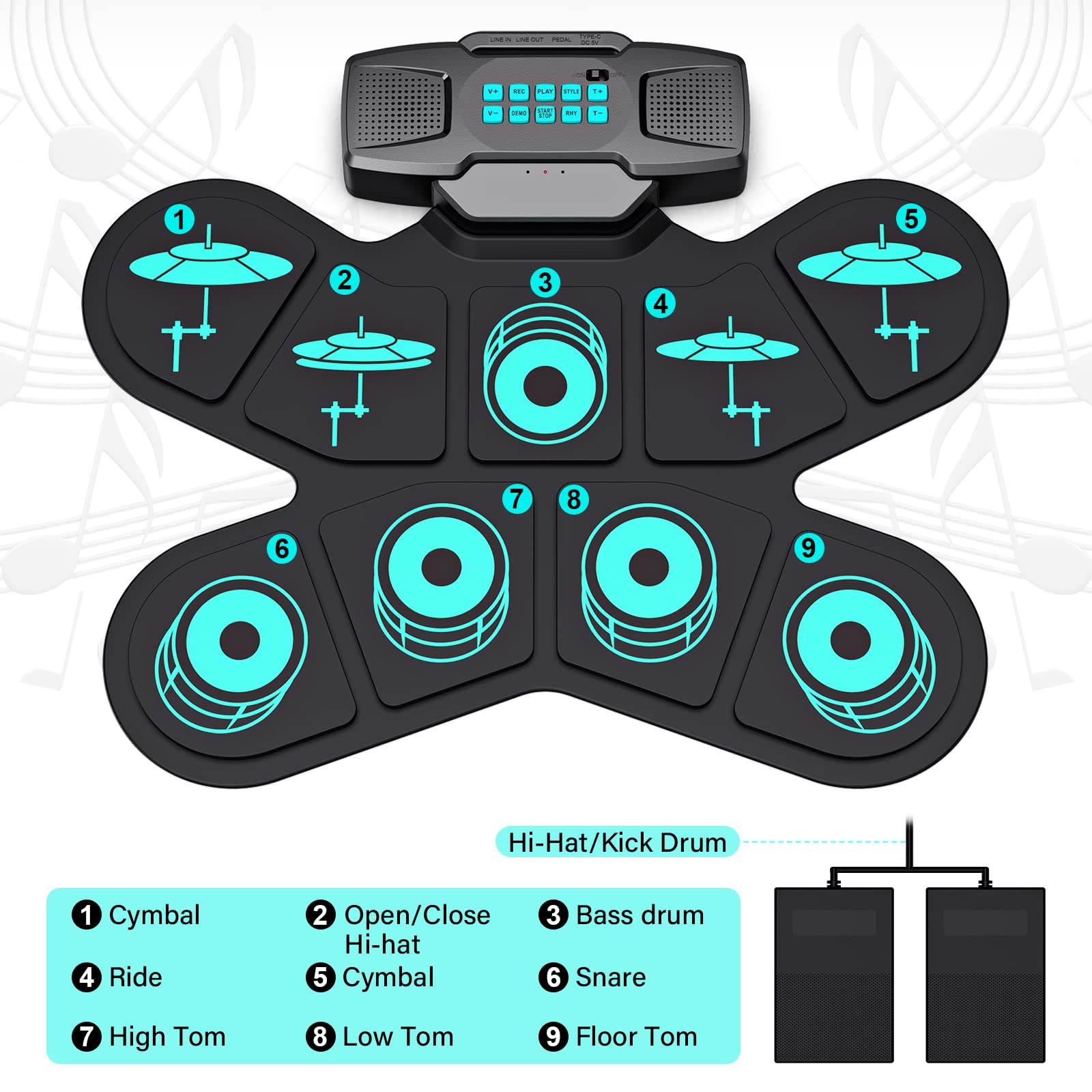 Ludysic Electronic Drum Pads, 9 Pads Roll-up Practice Drum Set Built-in Dual Speaker and Headphone Jack,Drum Sticks and Drum Pedals,Ideal Birthday Holiday Drum Sets Gift