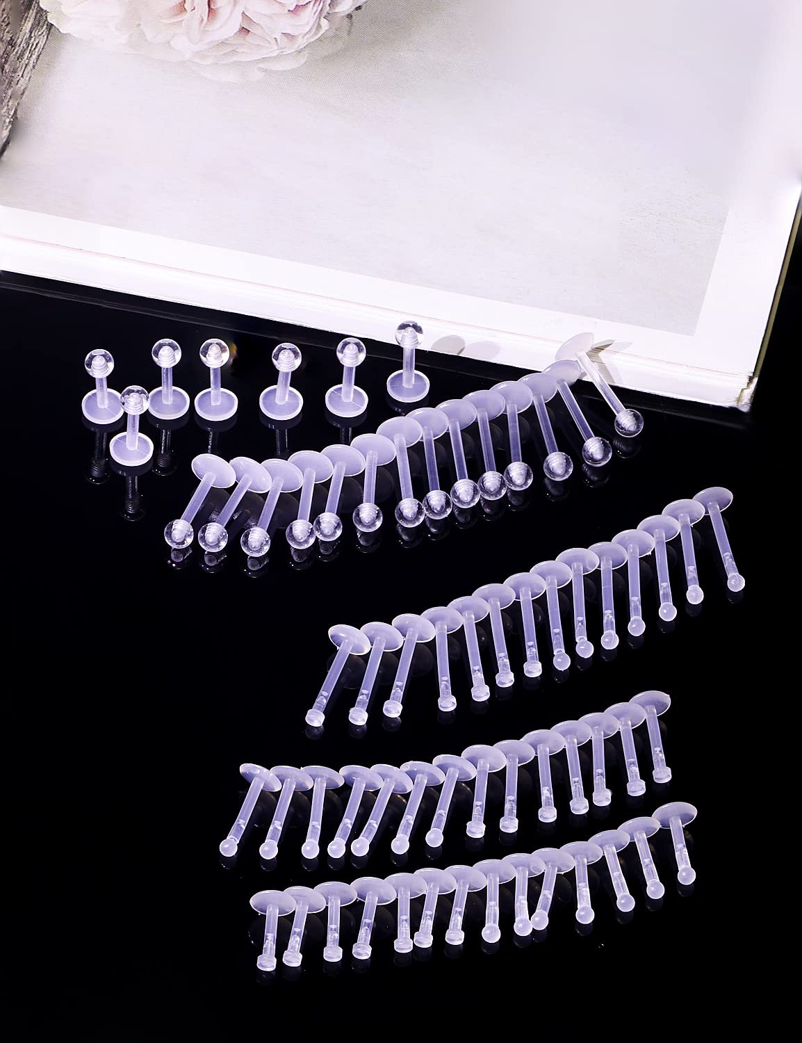 Lcolyoli 63PCS 16G Mix Length Clear Push Top Piercing Retainers Flat & Ball Top Bioflex Lip Rings Labret Medusa Retainer for Women Men 6-10mm Bar Length