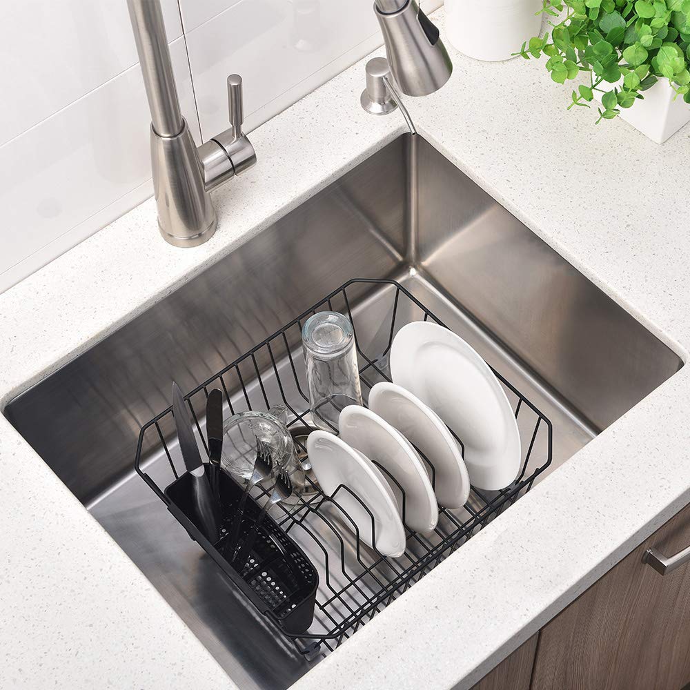 IKEBANA Black Simplicity Dish Drying Rack, Stainless Steel Dish Racks Rustproof for Kitchen Counter, Kitchen Chrome Finish Wire Dish Rack, Small Dish Drainer Rack with Removable Cutlery Holder
