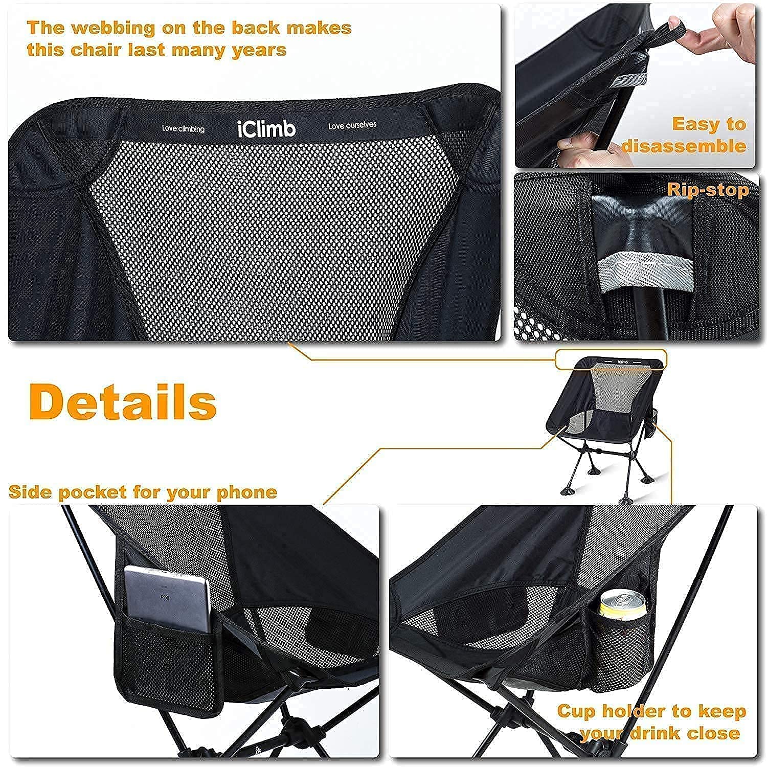 iClimb 1 Beach Table and 1 Beach Chair with Large Feet Bundle, Ultralight Compact for Solo Beach Camping Backpacking
