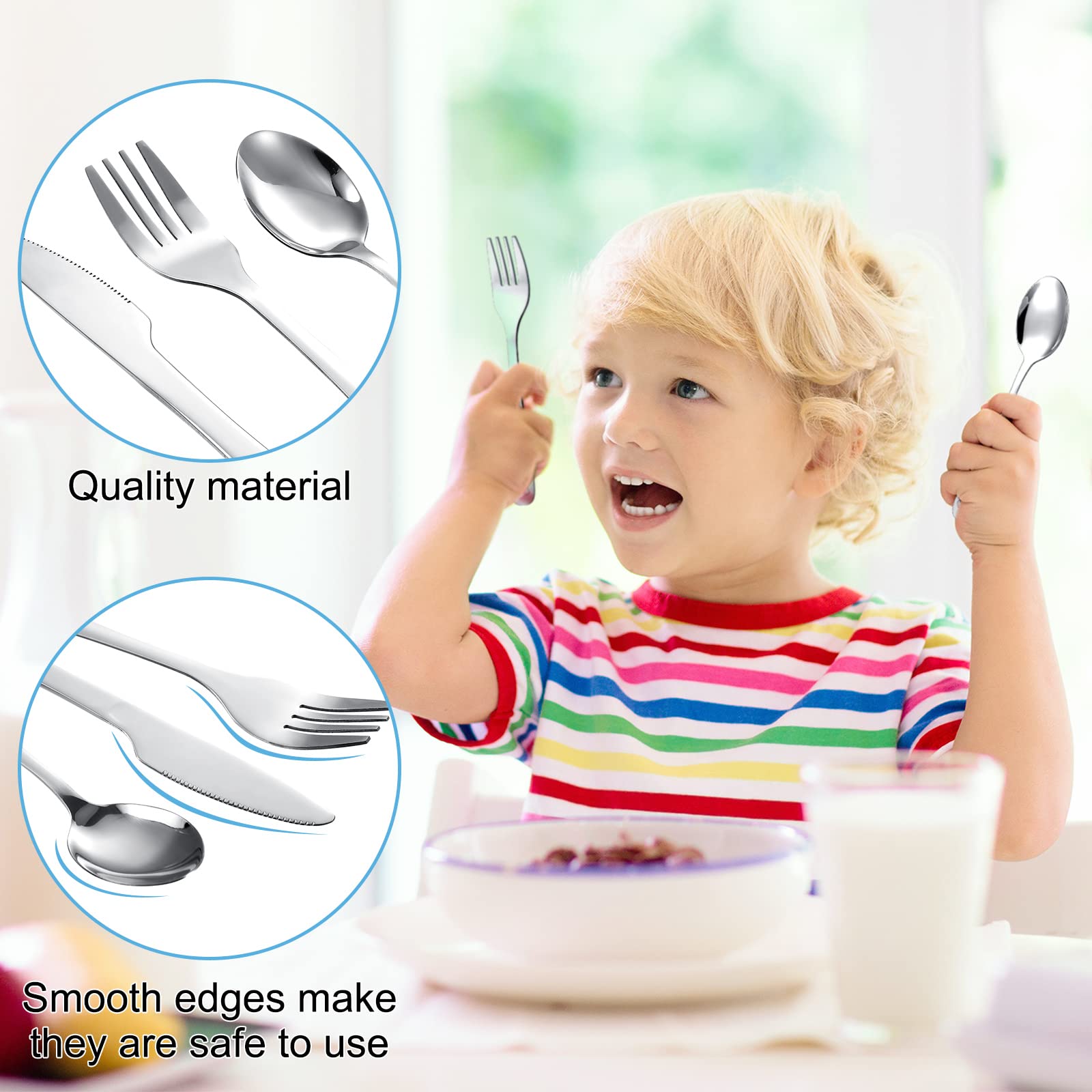 Mimorou 40 Pieces Toddler Utensils Kids Silverware Set Stainless Steel Forks Spoons Knife and Metal Straws with Silicone Tips Brush Bulk for Self Feeding