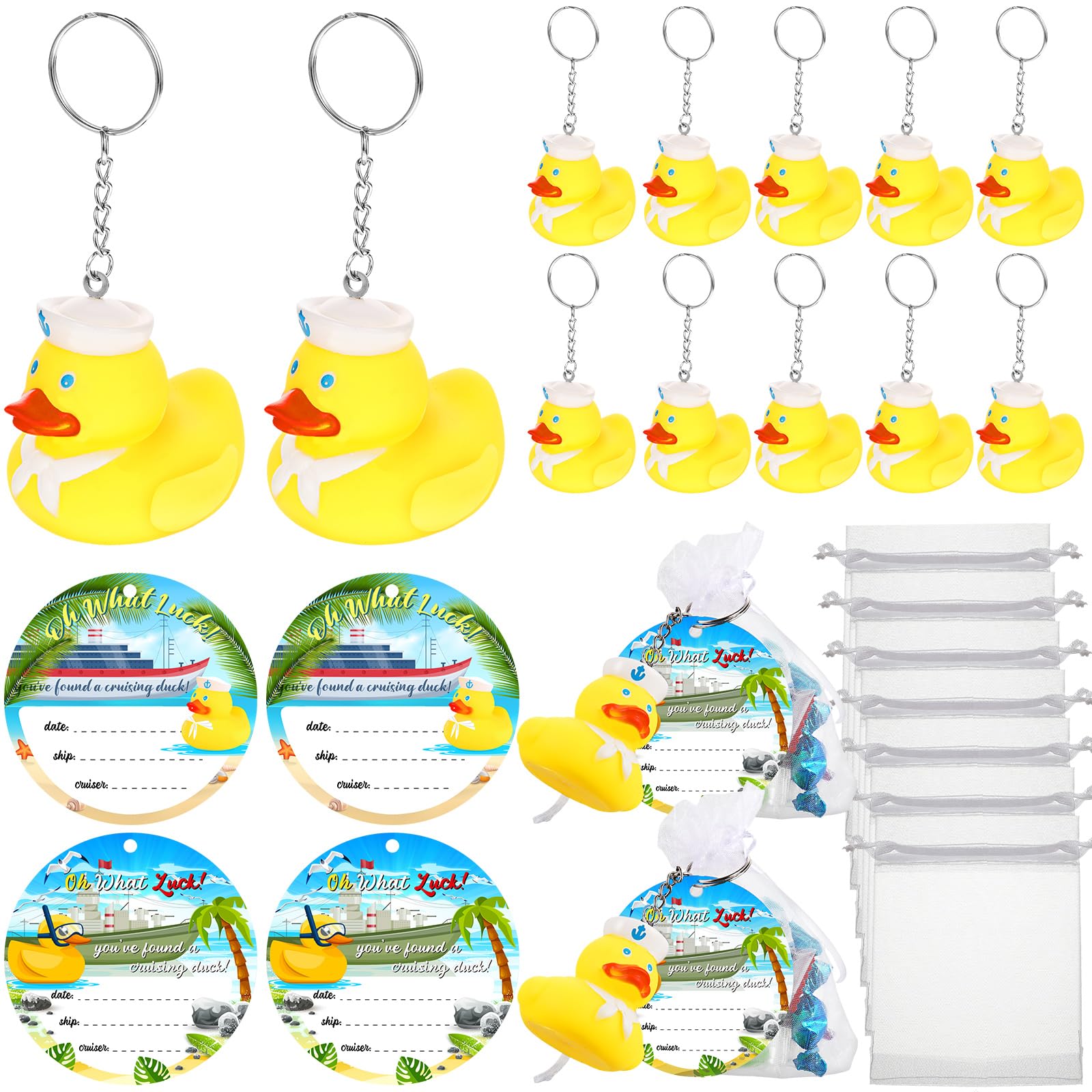 Kigeli 72 Pcs Duck Tag Cruise Kits Includes 24 Cruising Rubber Duck Keychains 24 Duck Tags 24 Organza Bags for Ducking Game Cruise Ships Hiding Carnival Sailing Party Favor Supplies