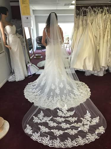 MisShow Ivory Lace Edge Cathedral Length Wedding Bridal Veil with Comb