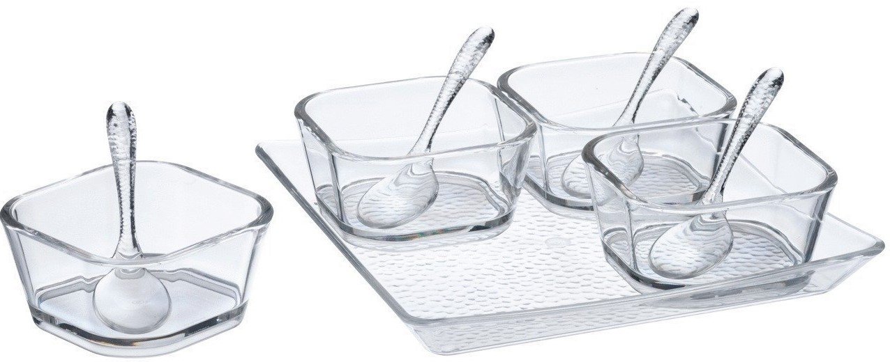 Lillian Tablesettings Clear Premium Acrylic Serving Set With Spoons (7.75" x 7.75" x 1", Pack of 6) - Perfect for Parties, Events, & Dining