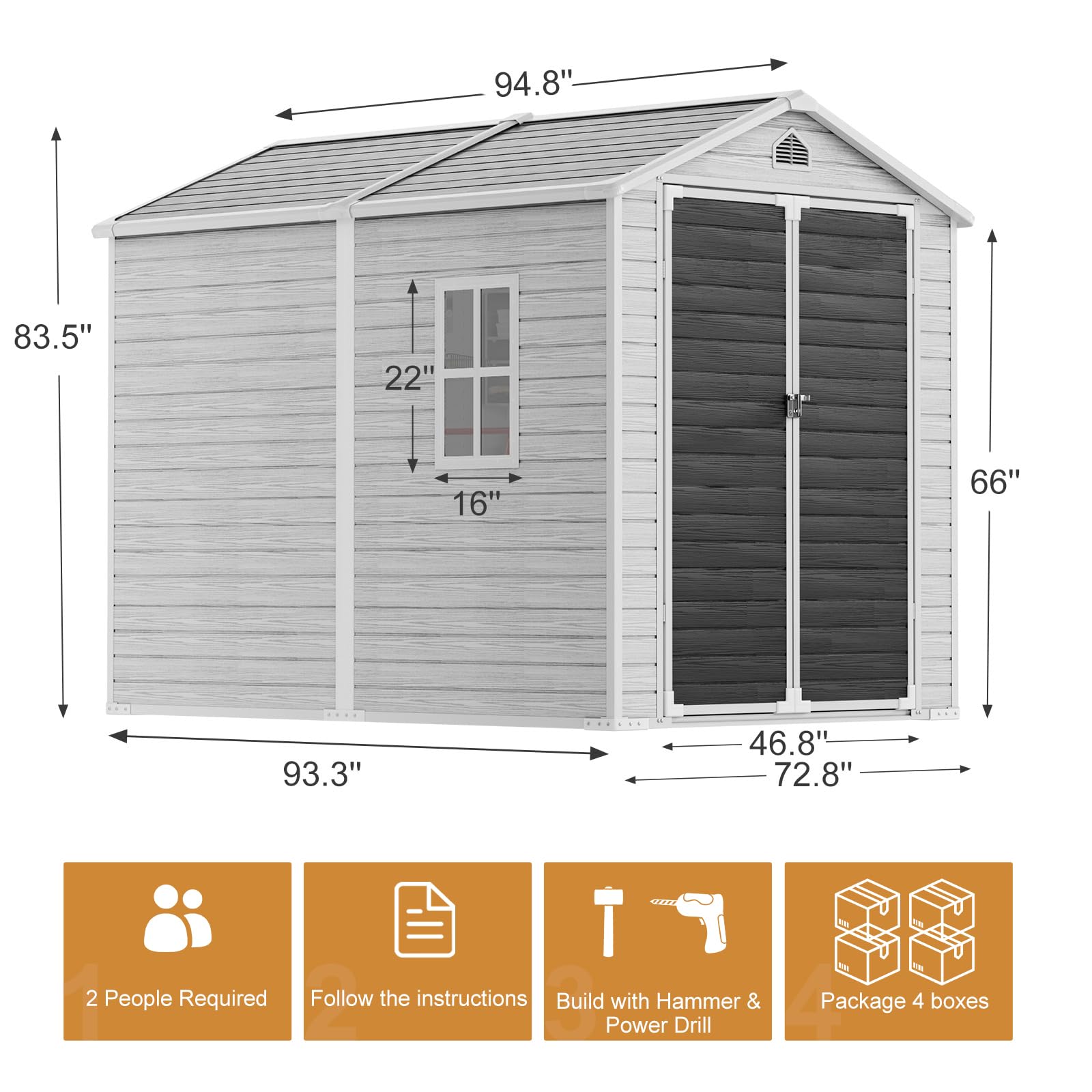 Outdoor Resin Storage Shed 8x6 FT, Plastic Shedswith Floor Window Lockable Door Included, Large Waterproof Outside Sheds Storage for Backyard Garden Patio Lawn Tools, Gray