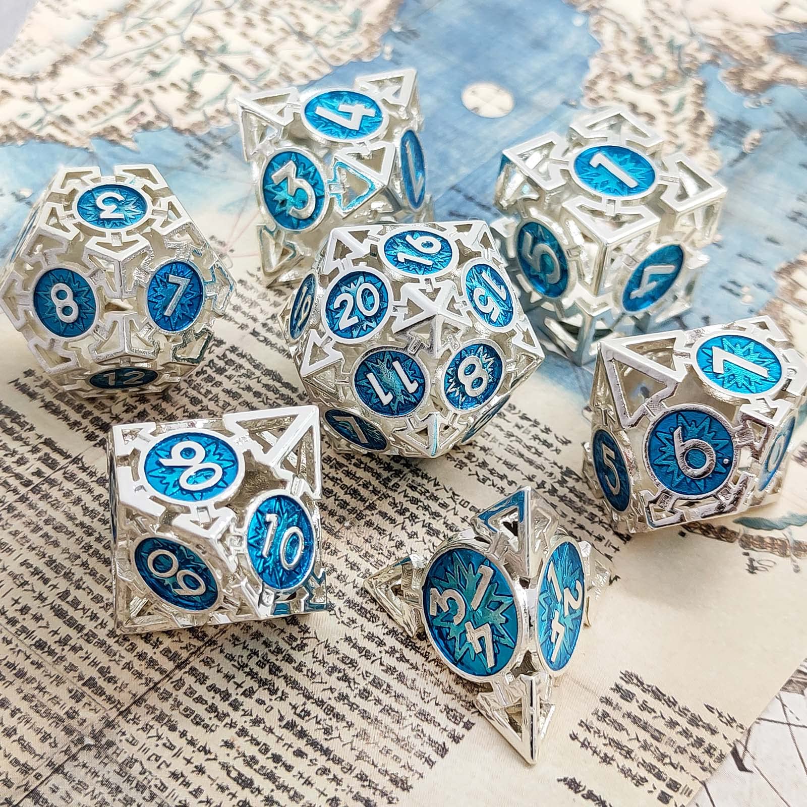 Metal Hollow DND Dice Set Polyhedral Dice D&D RPG Dungeons and Dragons Dice Board Games D and D Role Playing Dice Pathfinder Dice MTG Giant with Gift Box D20 D12 D10 D8 D6 D4 Silver Blue