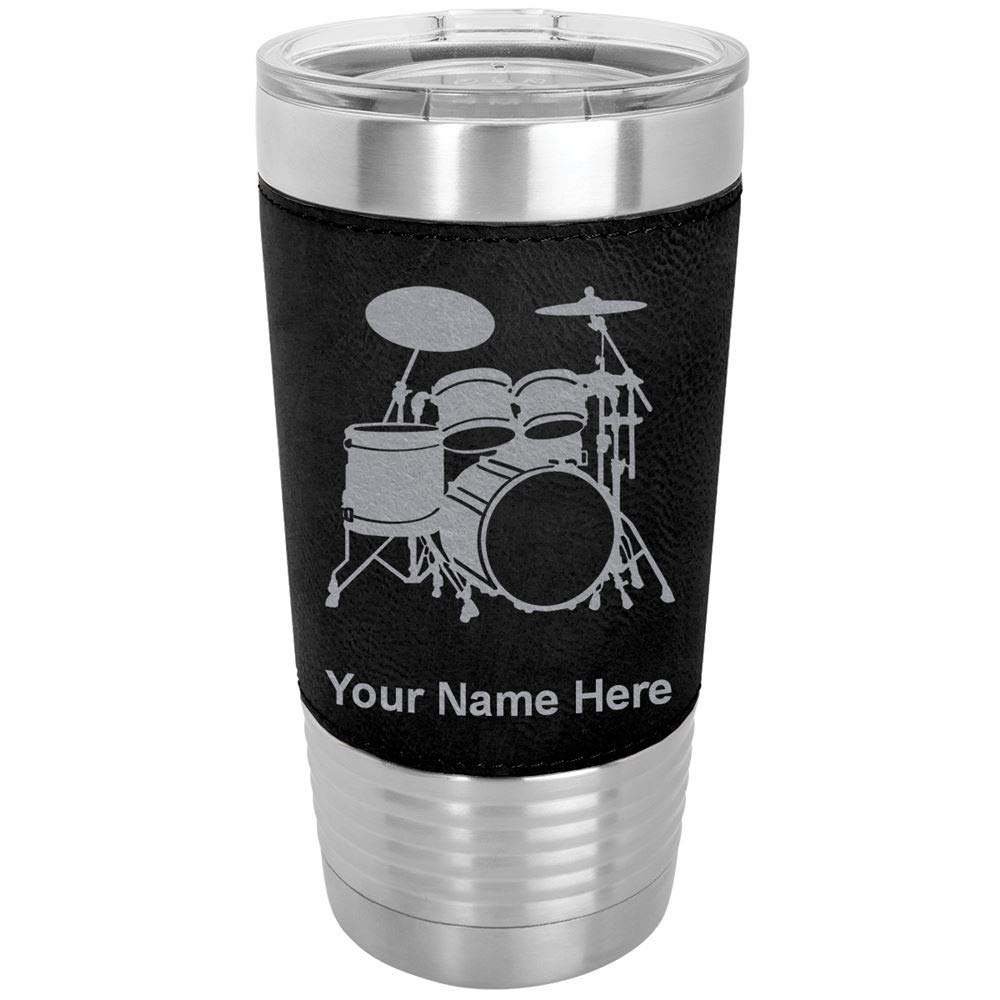 LaserGram 20oz Vacuum Insulated Tumbler Mug, Drum Set, Personalized Engraving Included (Faux Leather, Black)