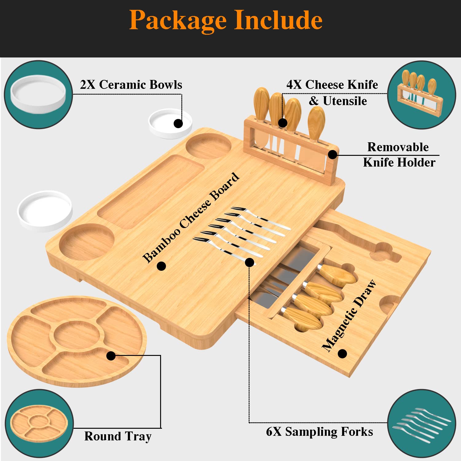 Large Bamboo Cheese Board Charcuterie Boards Set - Include Serving Platter Round Fruit Tray, Perfect House Warming Gift Anniversary and Wedding Gift