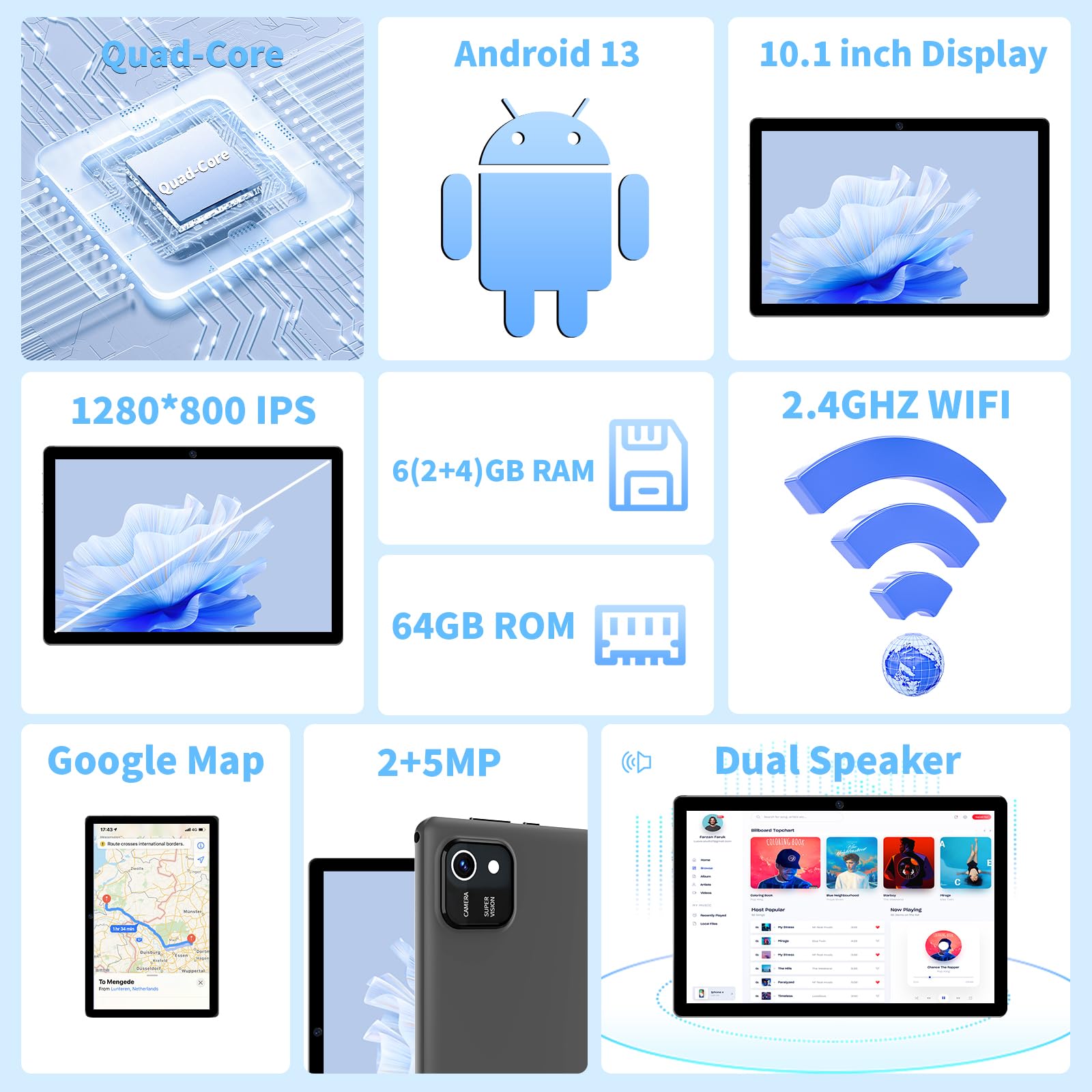 JUNINKE Android Tablet, 10 inch Tablet for Kids with Case, 64GB ROM 512GB Expand, Quad-Core Processor, 1280x800 IPS Screen, GPS, WiFi, Dual Camera, Bluetooth, 6000mAh