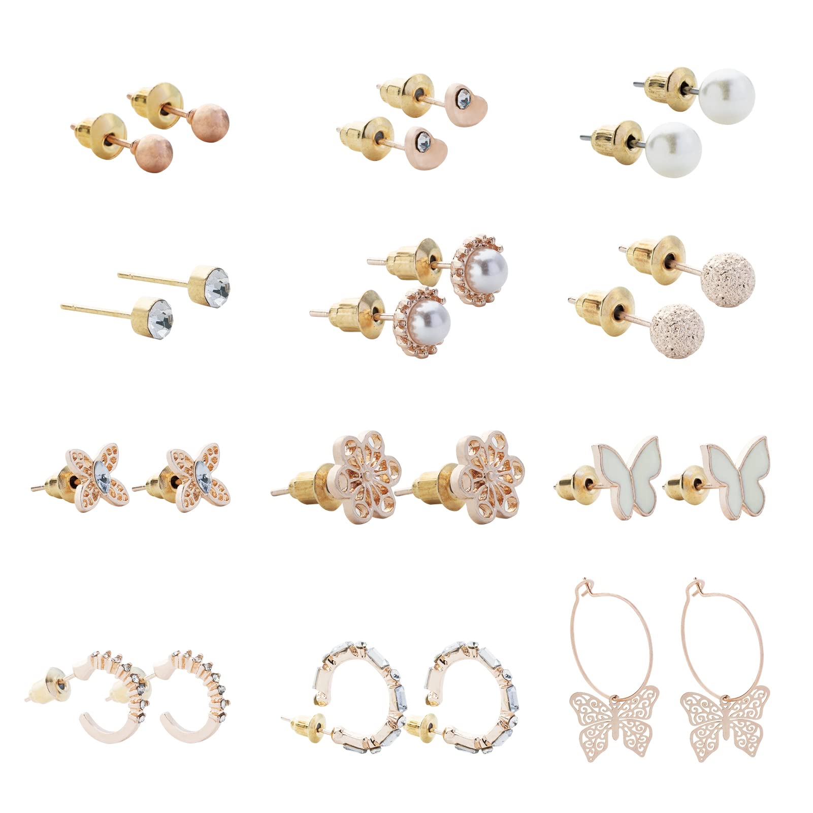 KaHowde Multiple Stud Earrings Set - Cute Earrings Set Mixed Small Stud Hoop Earrings Gift for Women Girls (12PAIRS WHITE EARRINGS SET)