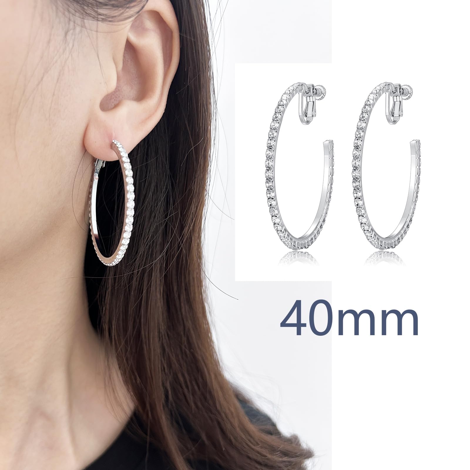 LAXPICOL Fashion Sparkly Austrian Circle Hoop Earrings Clip On Earrings For Women No Piercing Earrrings Silver Tone 1.6"*1.6"