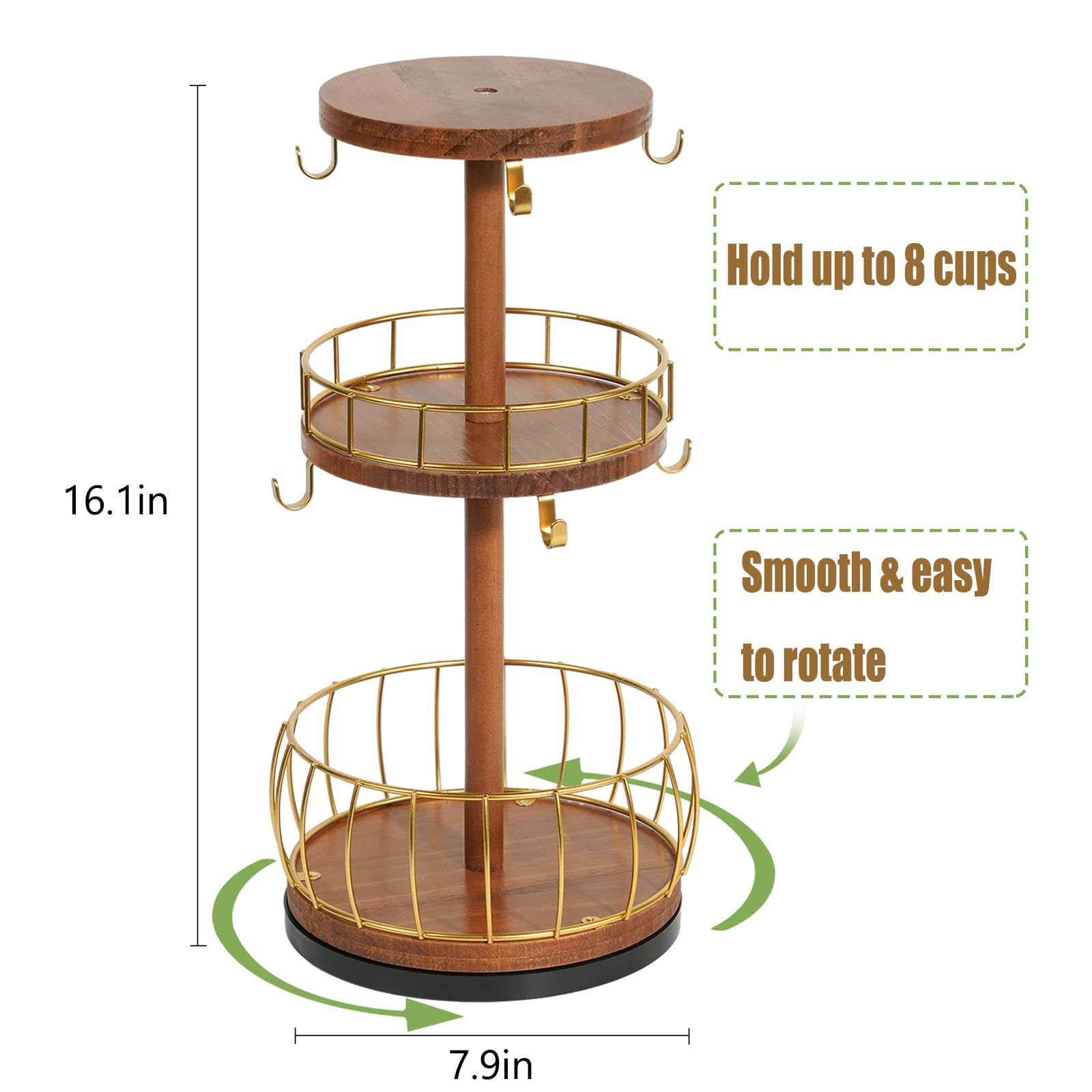 TRSPCWR Mug Tree Countertop, Rotatable Coffee Mug Rack Holder, 3 Tiers Coffee Cup Holder with 8 Mug Hooks, Coffee Pod Holder with Cup Pods & Saucer Basket Storage for Coffee Bar Kitchen Counter