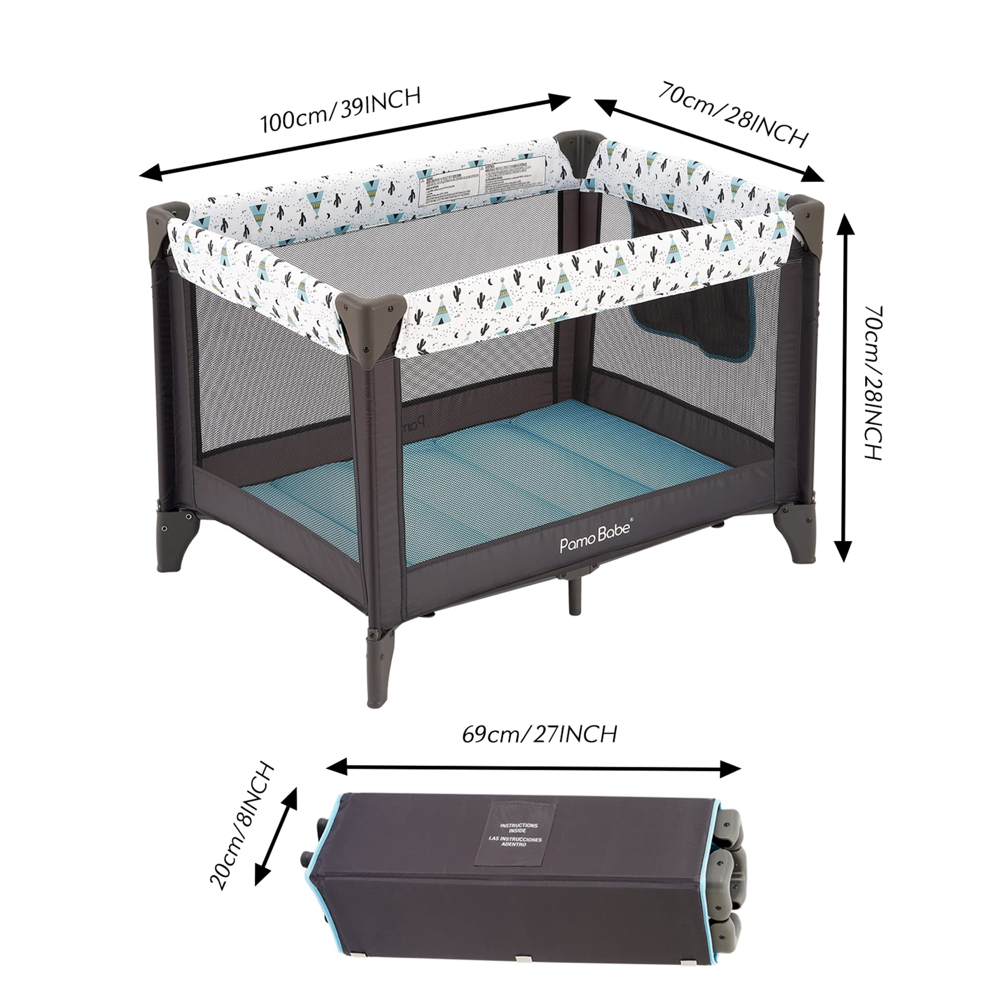 Pamo Babe Portable Playard, Baby Playpen for Toddlers with Mattress and Carry Bag(Blue)