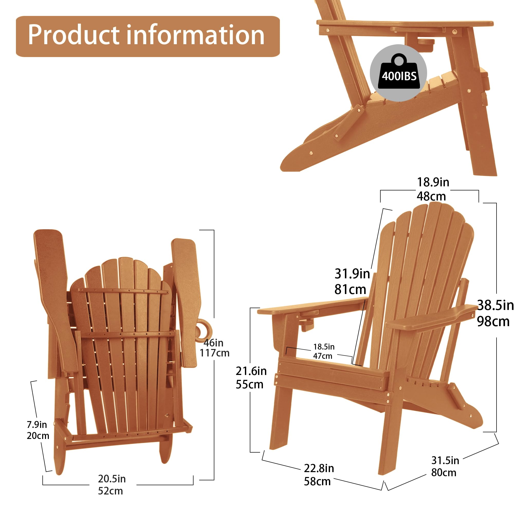 Plawdlik Folding Adirondack Chair,SGS Tested,Wooden Textured with Cup Holder,Widened Heavy All-Weather HDPE Comfortable Seating for Ourdoor Teak