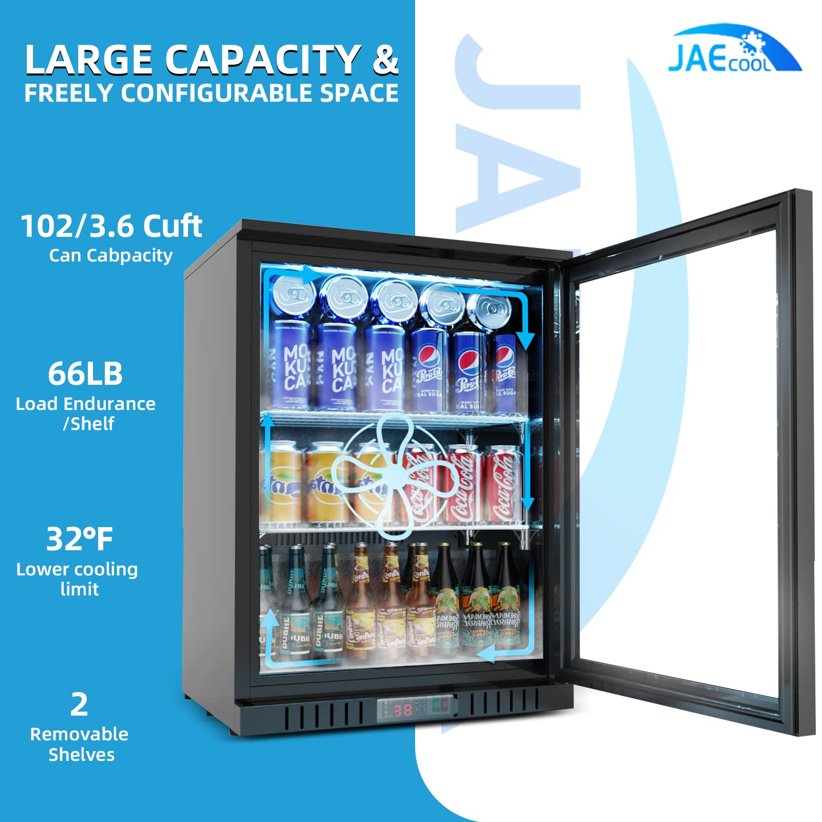 JAE Back Bar Cooler 3.6 cu ft(102 Cans), Low-E Tempered Glass Single door Beverage Refrigerator, Built-in Counter Height Display Cooler, Auto-defrost, Digital Control, Eco-friendly Compressor, ETL