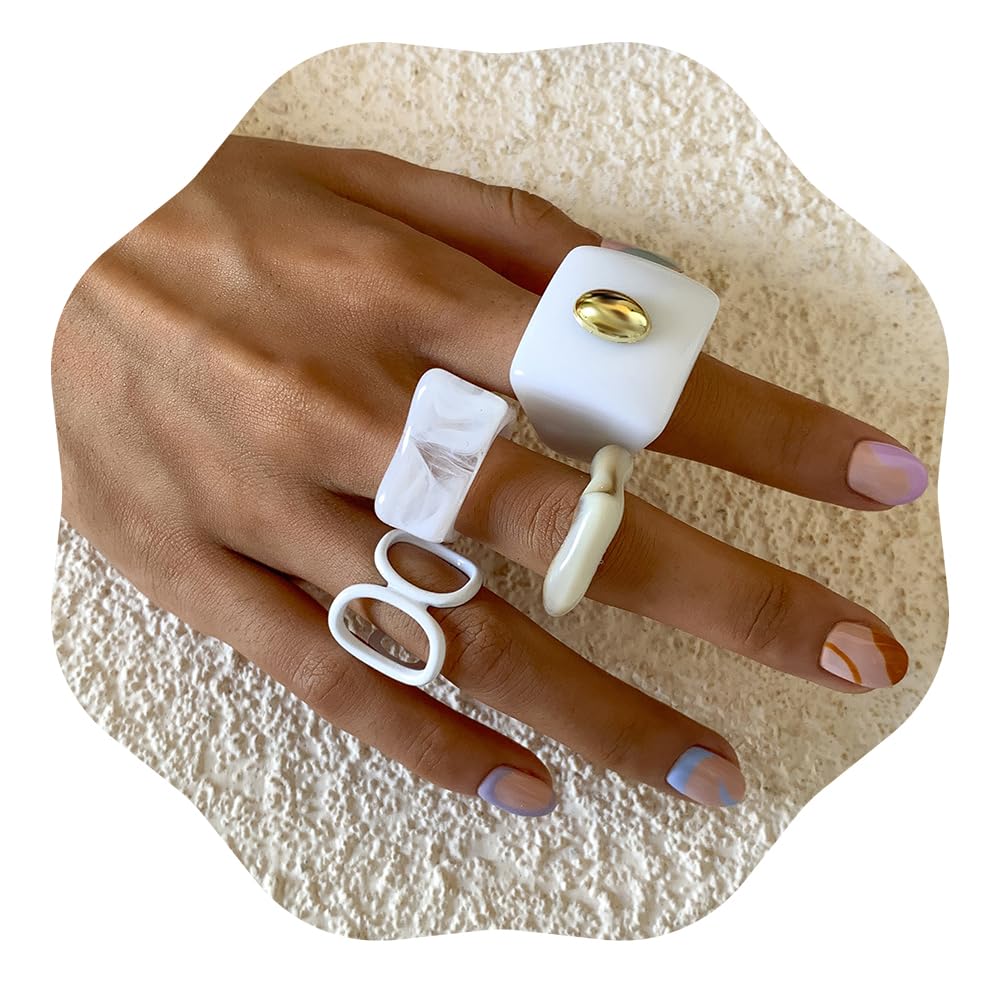 JWICOS 4Pcs White Fashion Finger Rings Joint Knuckle Rings Set Fashion Minimalist Resin Acrylic Round Rings for Women