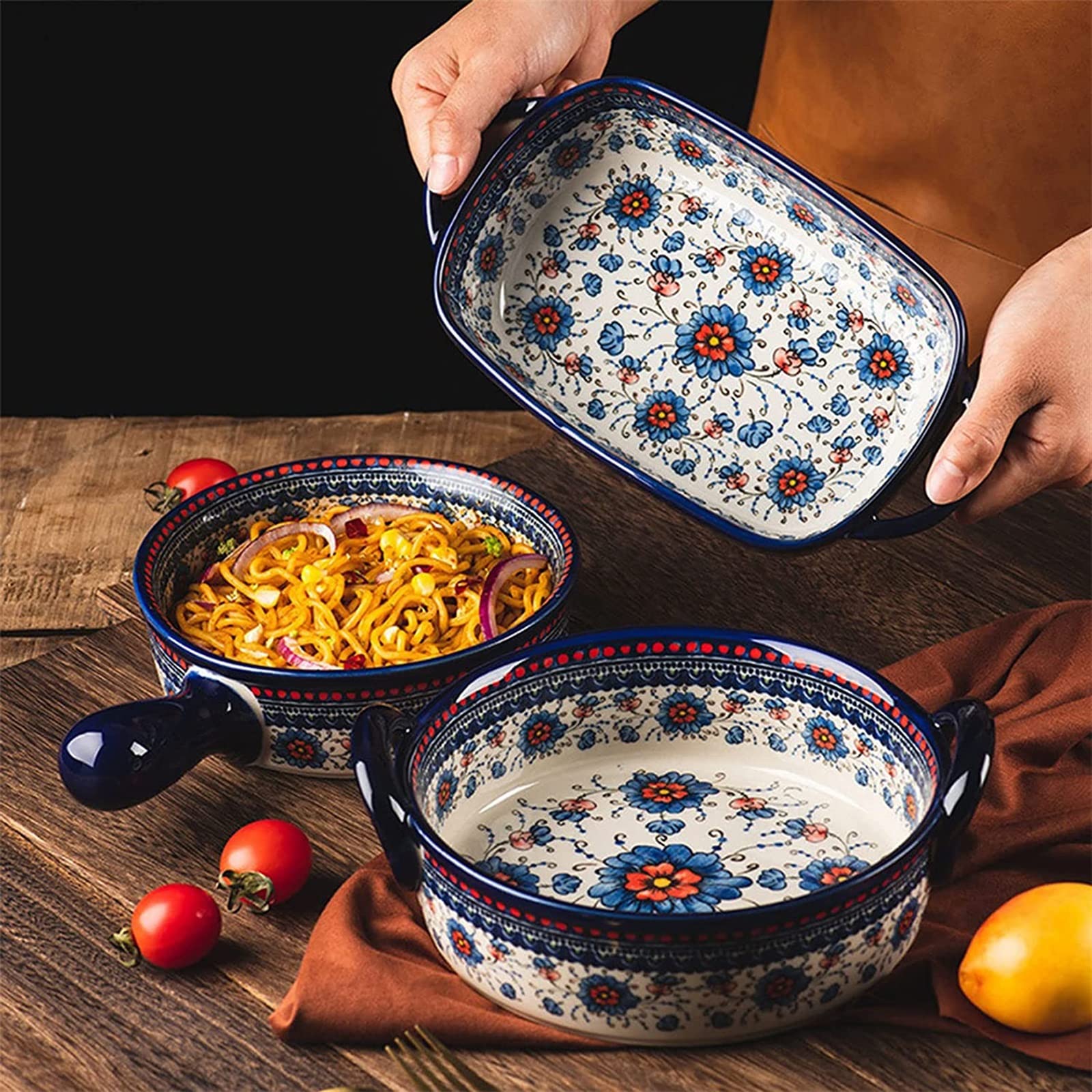 Large Serving Soup Bowl with Handles, Stackable Bowls for Soup, Cereal, Oatmeal, French Onion Soup Oven Microwave Dishwasher Safe (Color : Plum bossom)