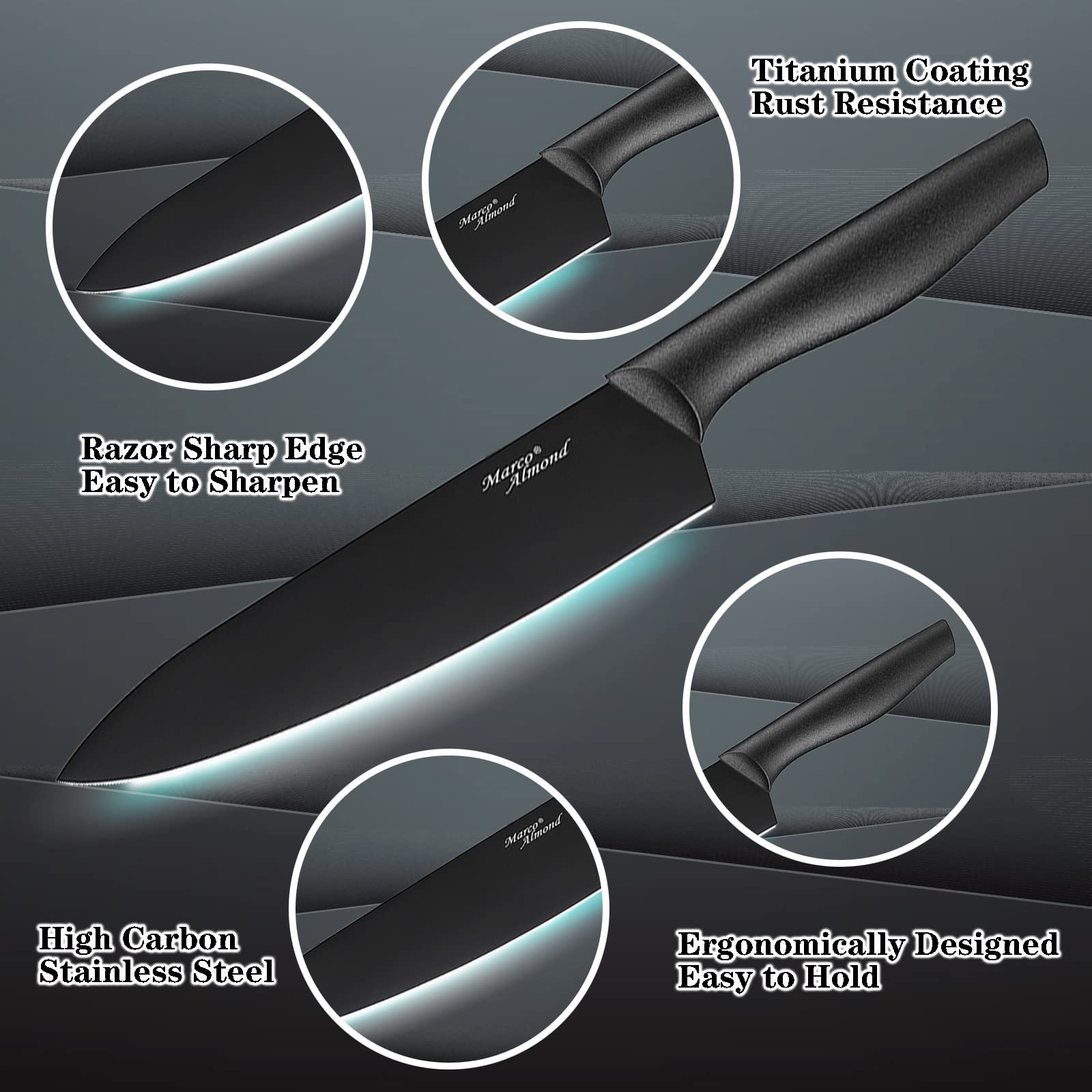 Marco Almond KYA38 Kitchen Knife Sets + KYA59 Titanium Coated Stainless Steel Long Handle Spoons