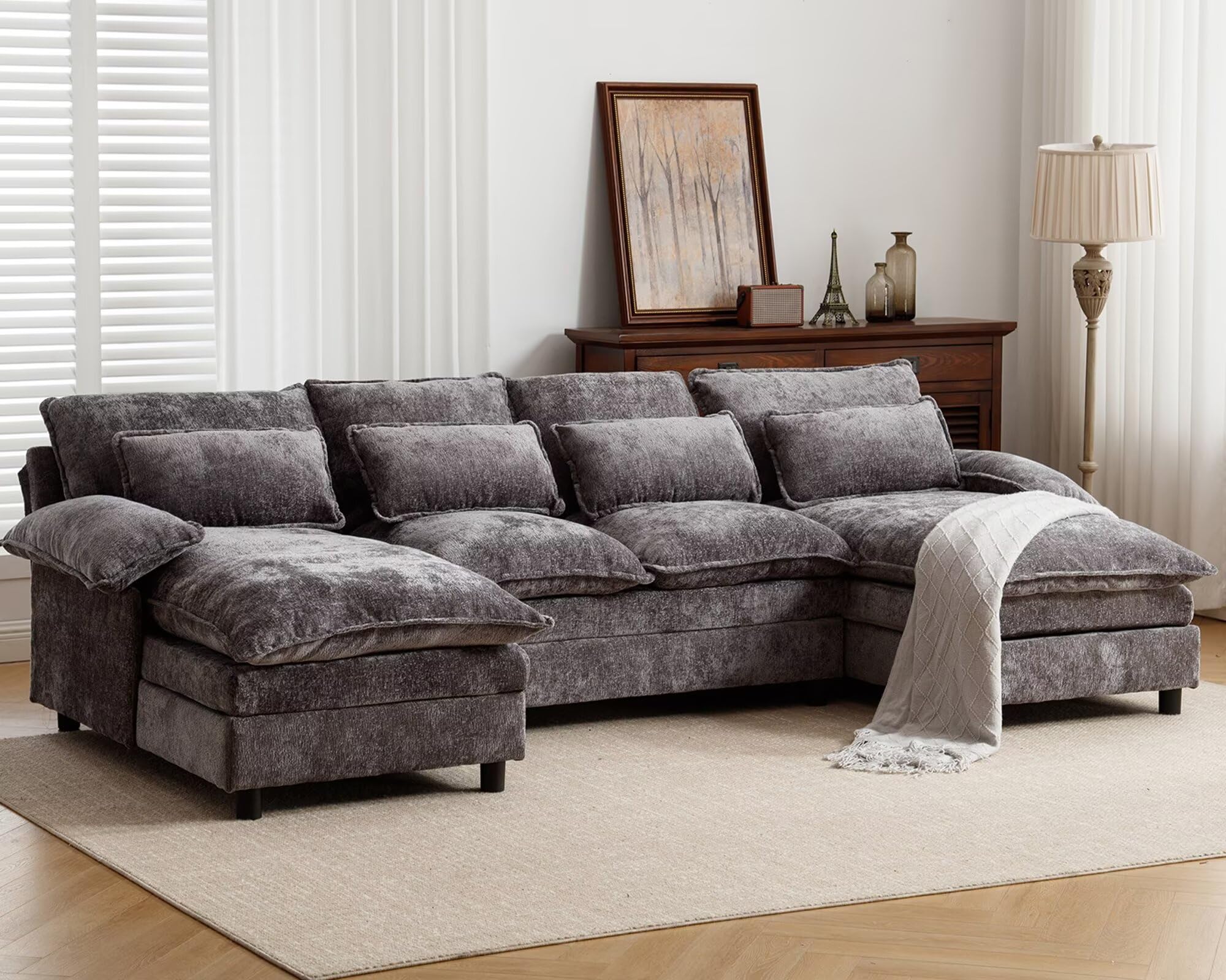 Siiejia U Shape Cloud Couch, 4 Seats Comfy Sectional Sofa Couches for Living Room, Modular Chenille Sofas with Double Reversible Chaise for Spacious Space Apartment, Grey