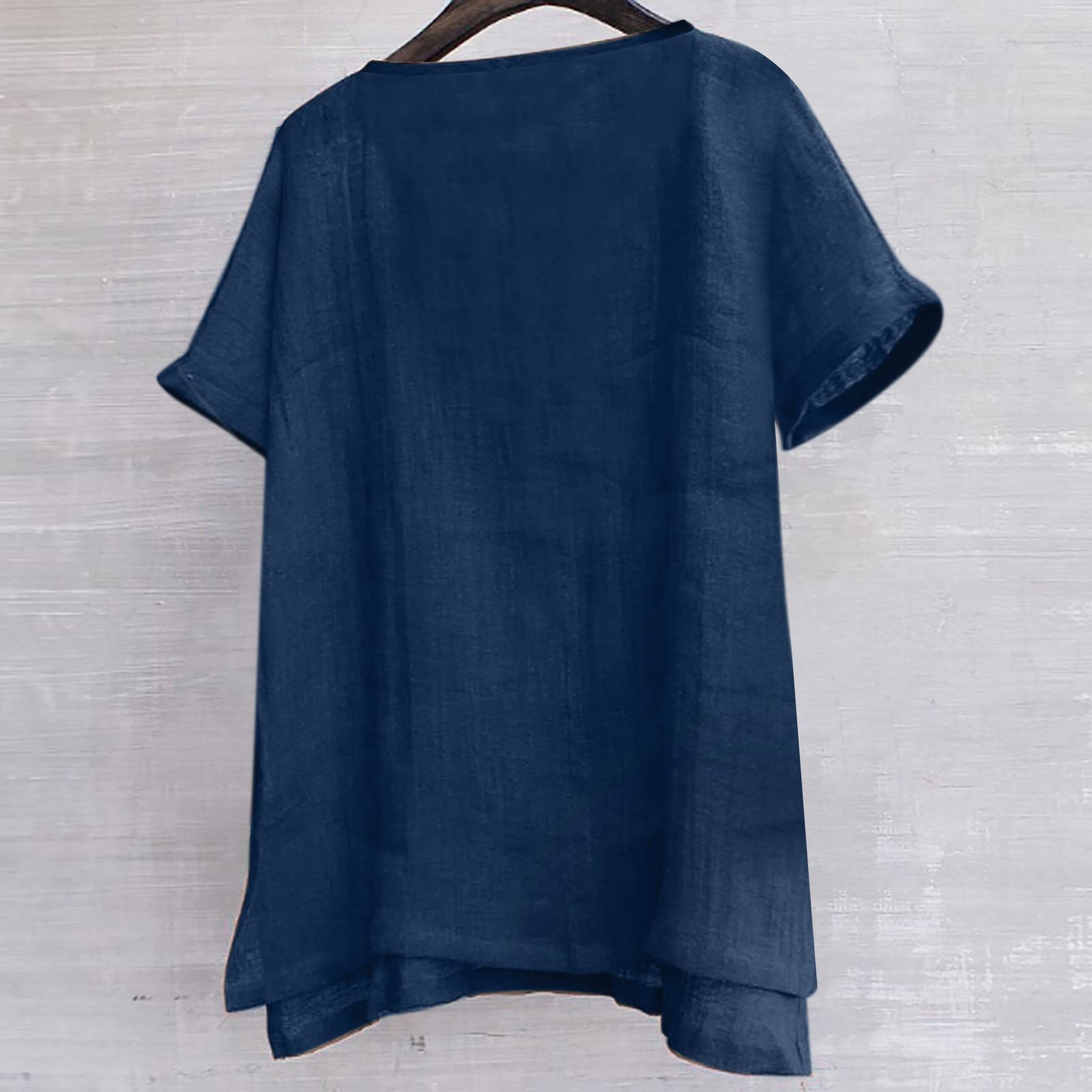 Mens Short Sleeve Shirts Linen Button Down Beach Yoga Casual Summer Shirts Cuban Camp V Neck Solid Shirt Tops(A2/Dark Blue,4XL)