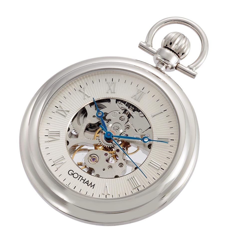 Gotham Men's Silver-Tone 17 Jewel Exhibition Mechanical Pocket Watch with Built-in Stand # GWC14055S