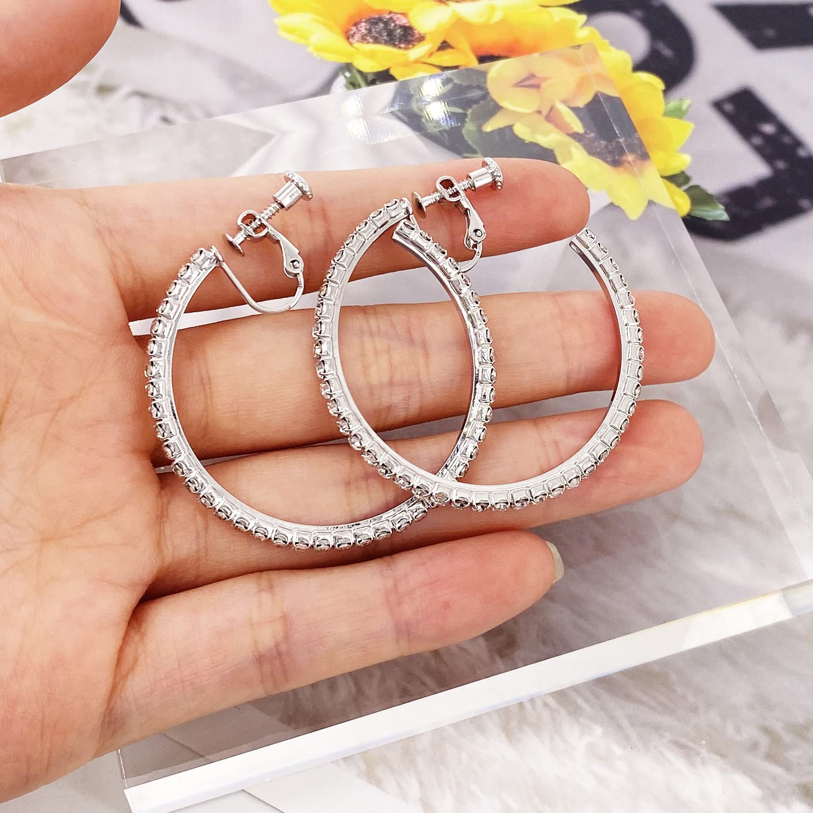 LAXPICOL Fashion Sparkly Austrian Circle Hoop Earrings Clip On Earrings For Women No Piercing Earrrings Silver Tone 1.6"*1.6"