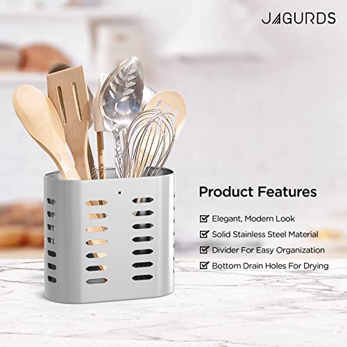 JAGURDS Stainless Steel Kitchen Utensil Holder for Countertop - Spoon and Fork Holder Silverware Caddy - Hanging Utensil Holder (1 pc - Stainless Steel Mirror Finish)