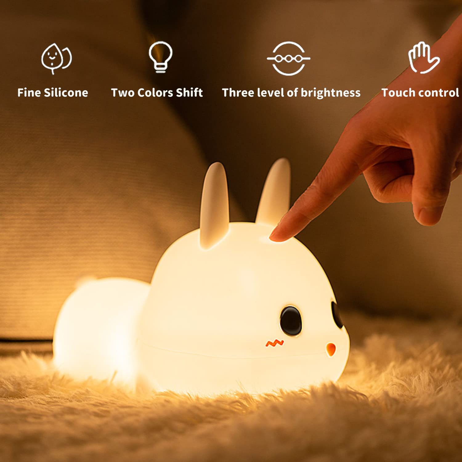 Qrbsi Cute Night Light for Kids, Bunny Night Light with Warm Light & Dimmable, Tap Control Kids Night Light with Timer, Rechargeable Toddler Night Lights, Kawaii Bunny Lamp for Room Decor