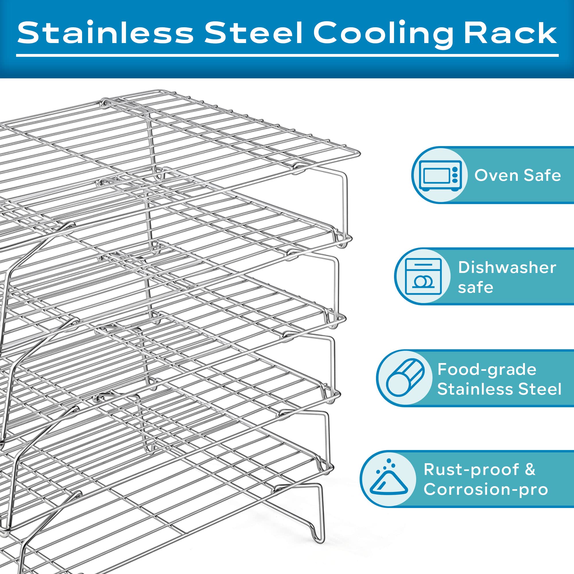 Leonyo Cooling Baking Rack 5-Tier Stackable Stainless Steel Wire Baking Cooking Racks Set for Cookie, Pizza, Cup Cake, Raised & Folding Feet, Oven Safe & Dishwasher Safe, Rust-Resistant - 15’’ x 10’’