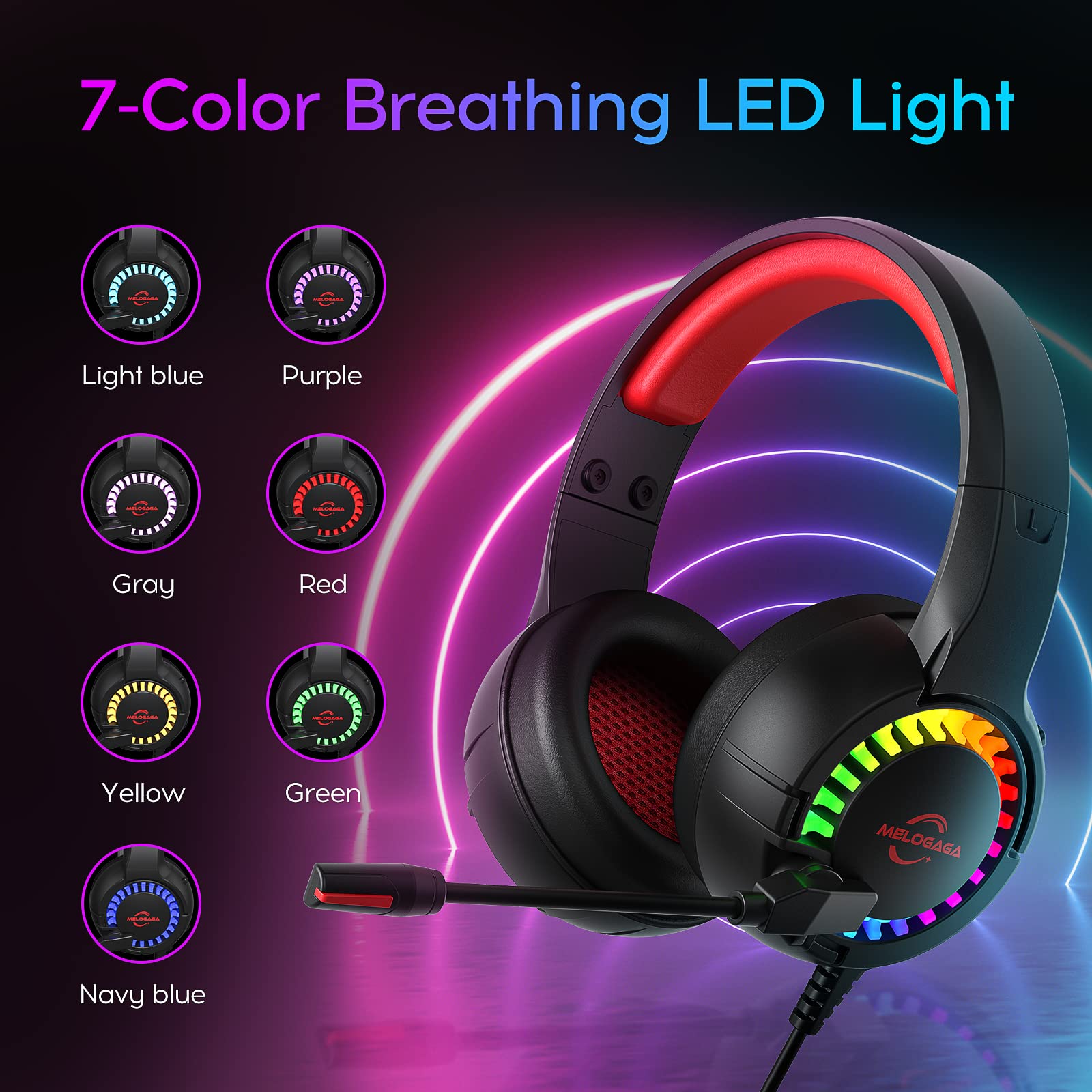 MELOGAGA USB Gaming Headset for PC PS4 PS5, 7.1 Surround Sound Headphones with RGB Breathing LED Lights& Noise Canceling Microphone, Over-Ear Game Headset for Playstation Console Laptops Computer