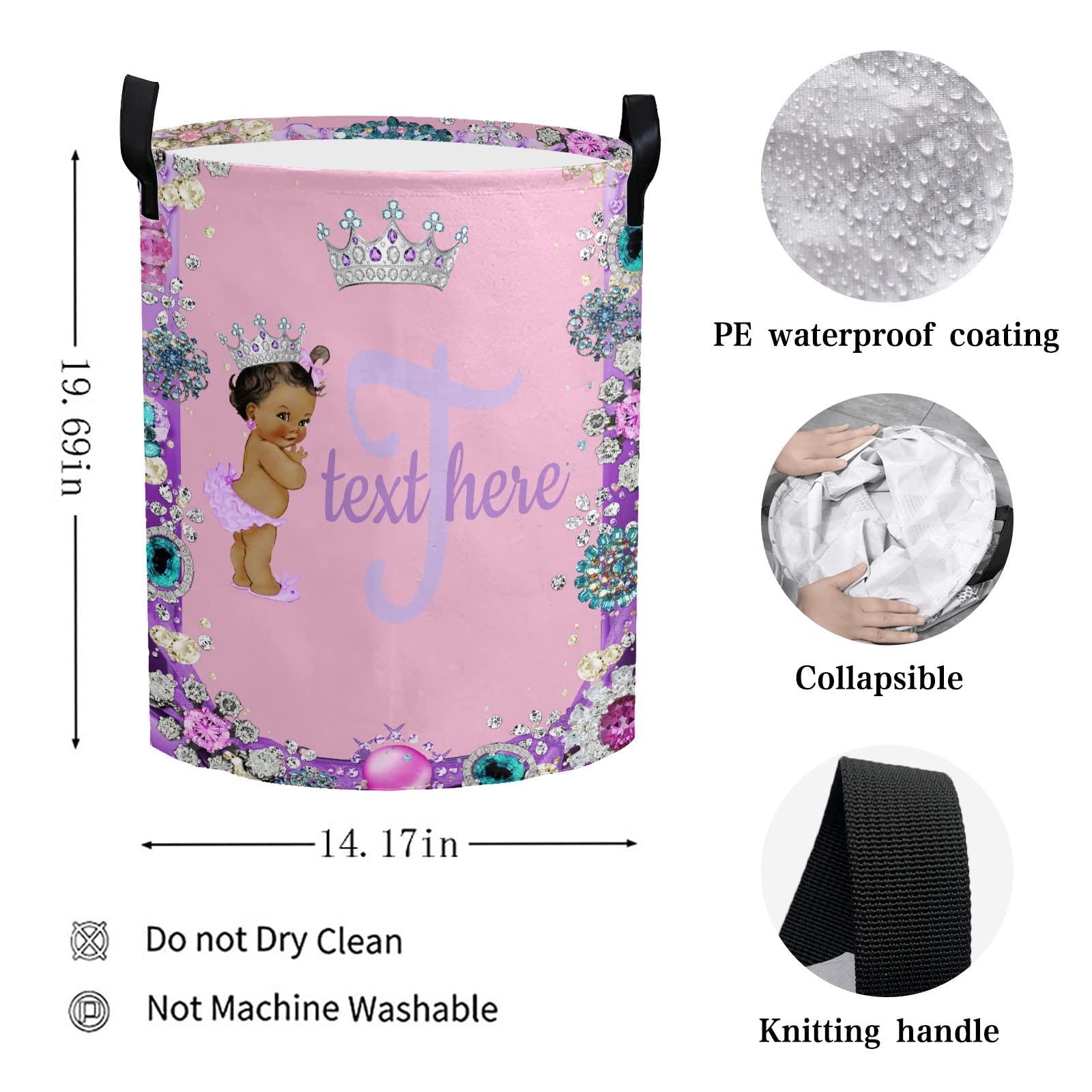 Personalized Custom Diamond Border Girl Collapsible Large Sized Clothes Hamper with Knitting Handles for Baby Girls Boys Kids Nursery Clothes Things
