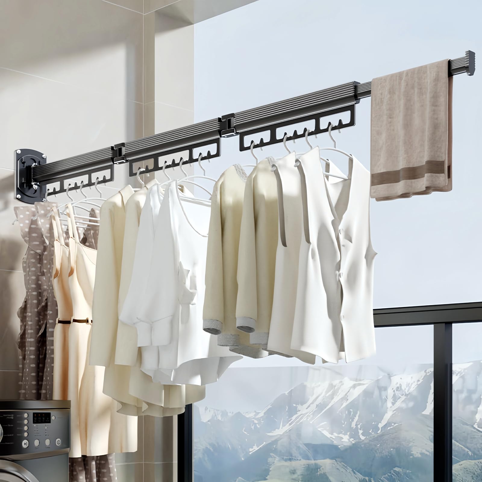 QruiLanTu Clothes Drying Rack Wall Mounted Retractable Clothes Drying Rack Space-Saver Laundry Drying Rack Collapsible(Tri-Fold) for Balcony, Laundry, Bathroom, Patio, Apartment, Dormitory(Dark Grey)