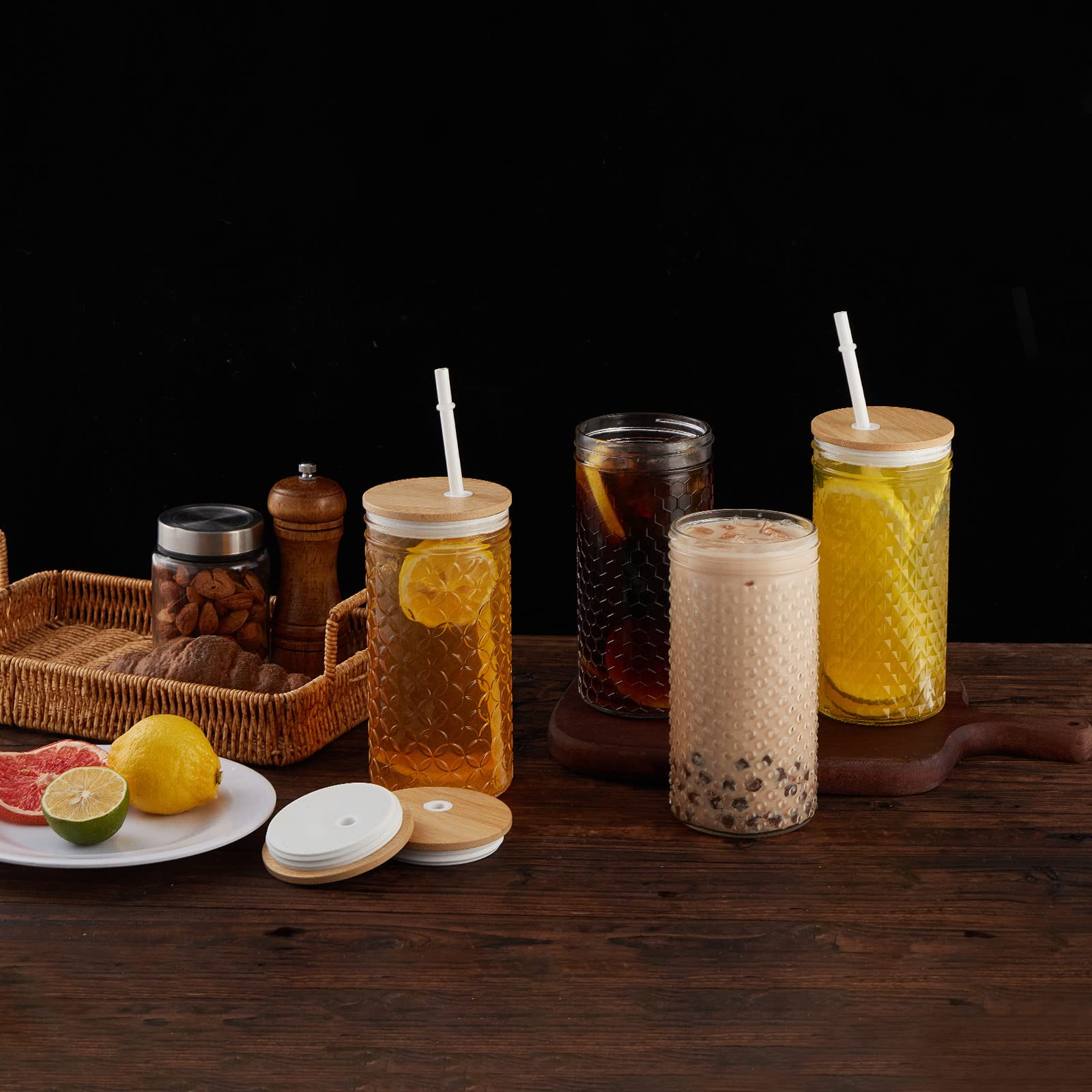 Hyperspace 4Pack Glass Tumblers with Bamboo Lids and Straws, 24 OZ Wide Mouth Mason Jar Drinking Glasses Travel Bottles with Varitey of Patterns for Multi Use