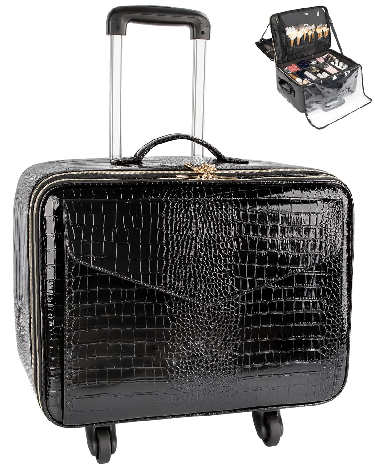 OCHEAL Extra Large Makeup Case, 20" Carry On Makeup Train Case for Makeup Artist, Travel Cosmetic Case Organizer Bag Rolling Trolley Storage Box with Two Sets Adjustable Dividers 360 Degree Wheels