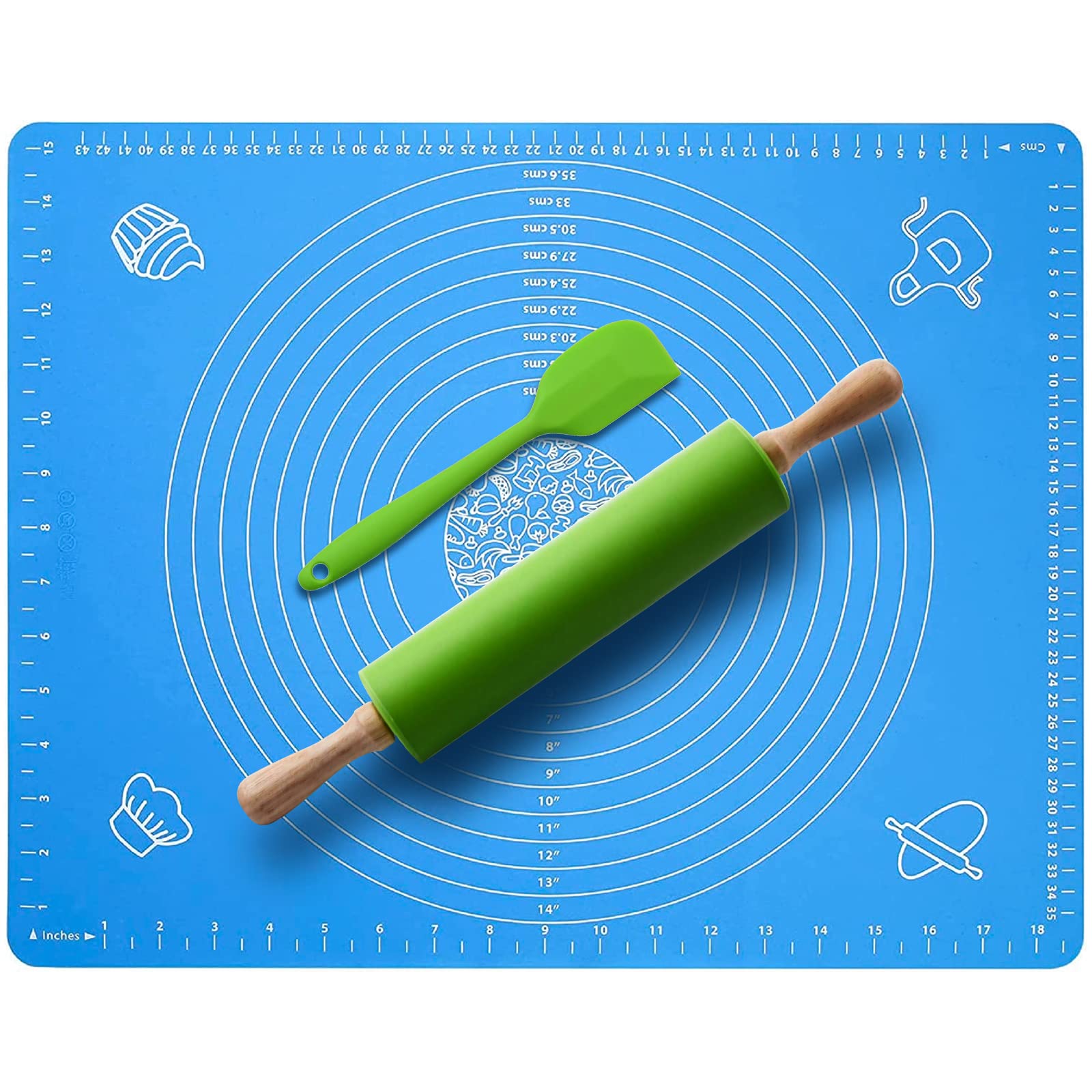 Non Stick Rolling Pin & Extra Large Silicone Baking Mat "25 X 18" Non-Stick Pastry Mat a free Silicone Spatula, Non-stick Silicone Dough Rollers Set with Measurements Kneading Pastry Mat