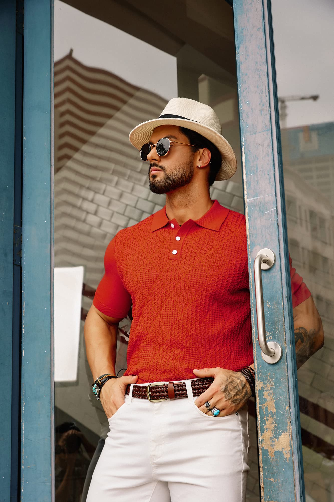 Mens Texture Knit Polo Shirt Vintage Casual Button Down Golf Shirt Orange Red L