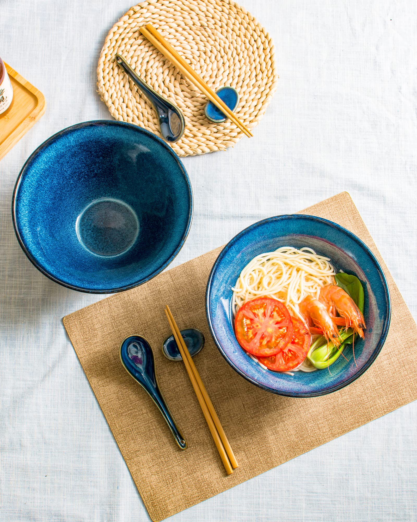 Large Salad Soup Ramen Serving Bowls, 71 OZ Ceramic Japanese Ramen Noodle Bowl with Chopsticks, Spoons and Rests - Super Big Bowl Sets for Udon, Pho, Pasta, Cereal, Set of 2 - Reactive Blue