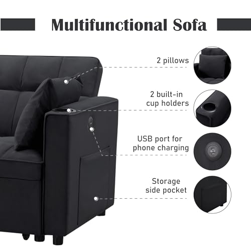Verfur Multi-Functional Convertible Futon Sofa Bed Daybed, 3 in 1 Pull Out Loveseat Sofabed Lounge Chaise, Comfy Upholstered RV Couch Sofacama Furniture for Living Room,Office